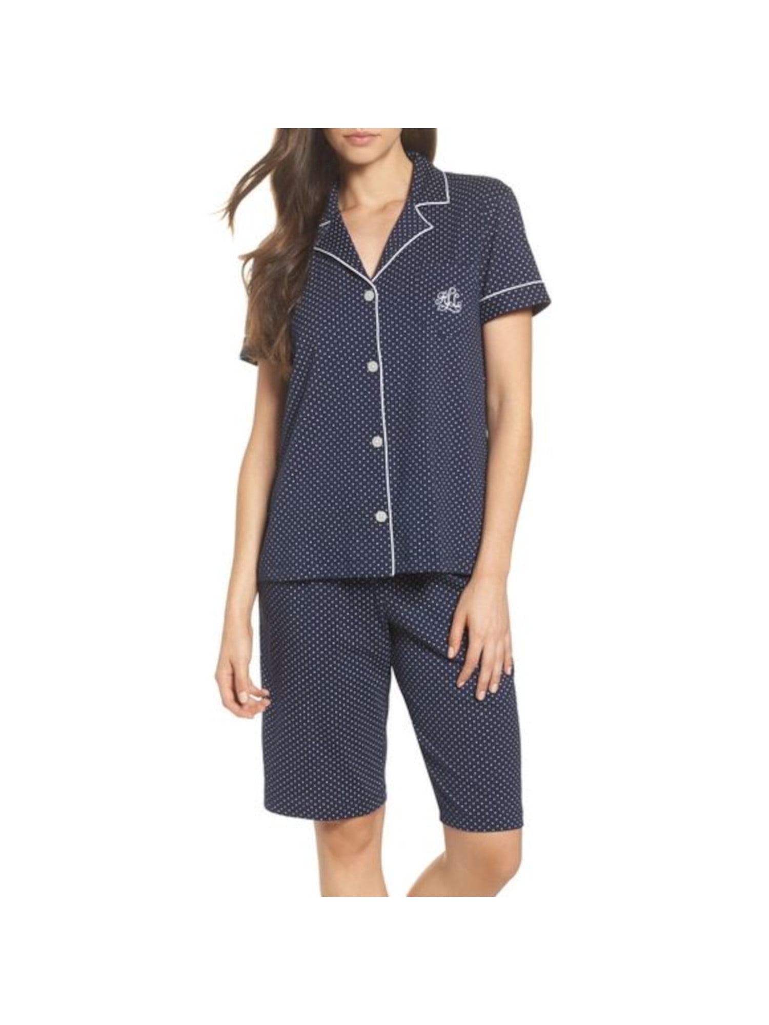 LAUREN RALPH LAUREN Sets Navy Notched Collar Polka Dot Short Sleeve V ...
