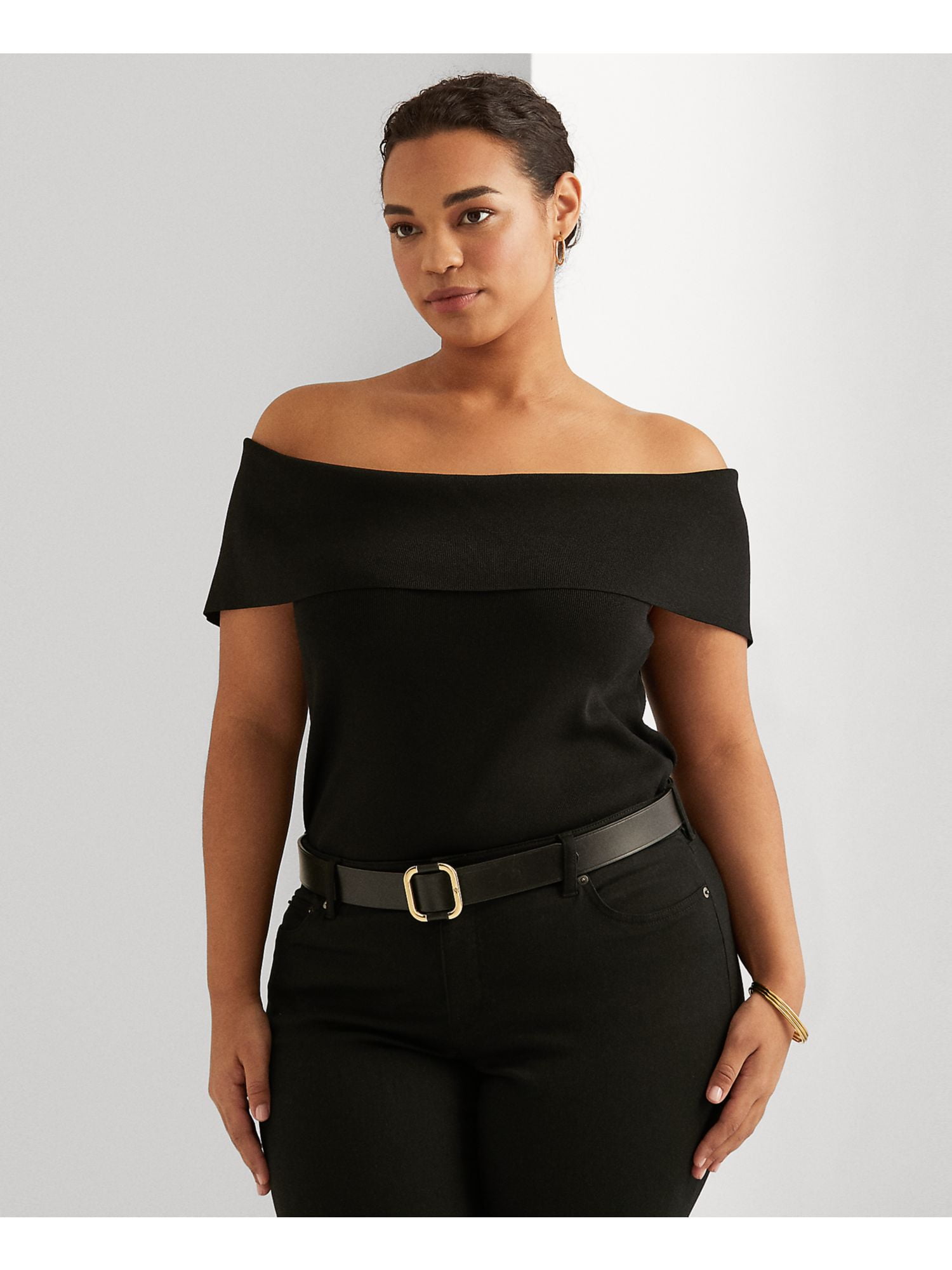 LAUREN RALPH LAUREN Womens Black Ribbed Flutter Sleeve Off Shoulder Top ...
