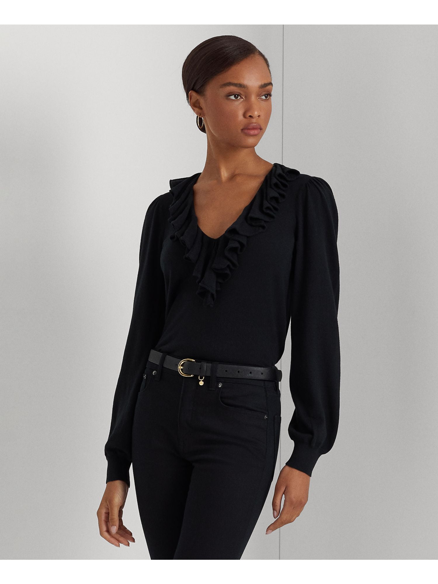 LAUREN RALPH LAUREN Womens Black Ruffled Ribbed Trim Long Sleeve V Neck ...