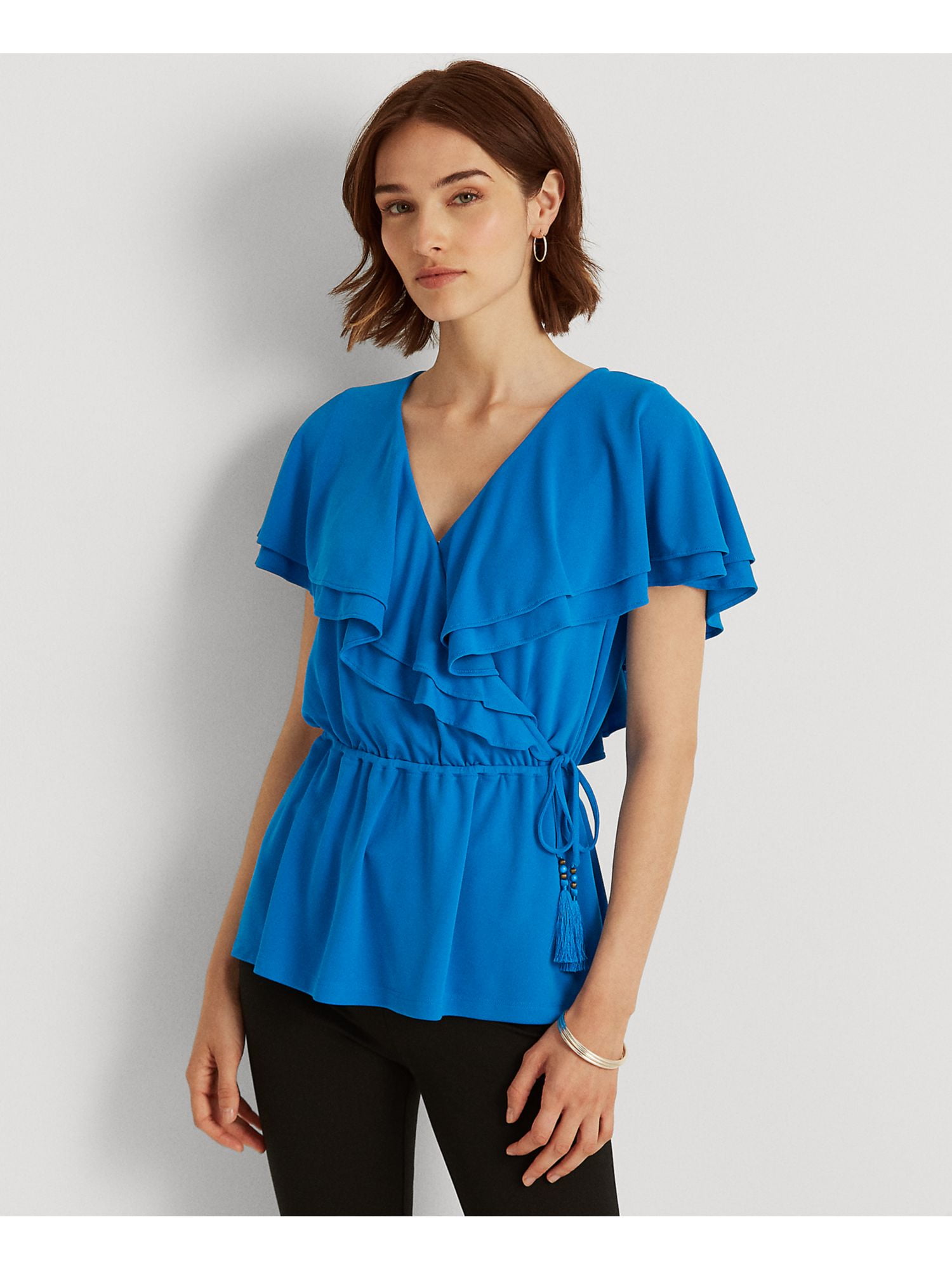 LAUREN RALPH LAUREN Womens Blue Ruffled Side Tie Waist Flutter Sleeve ...