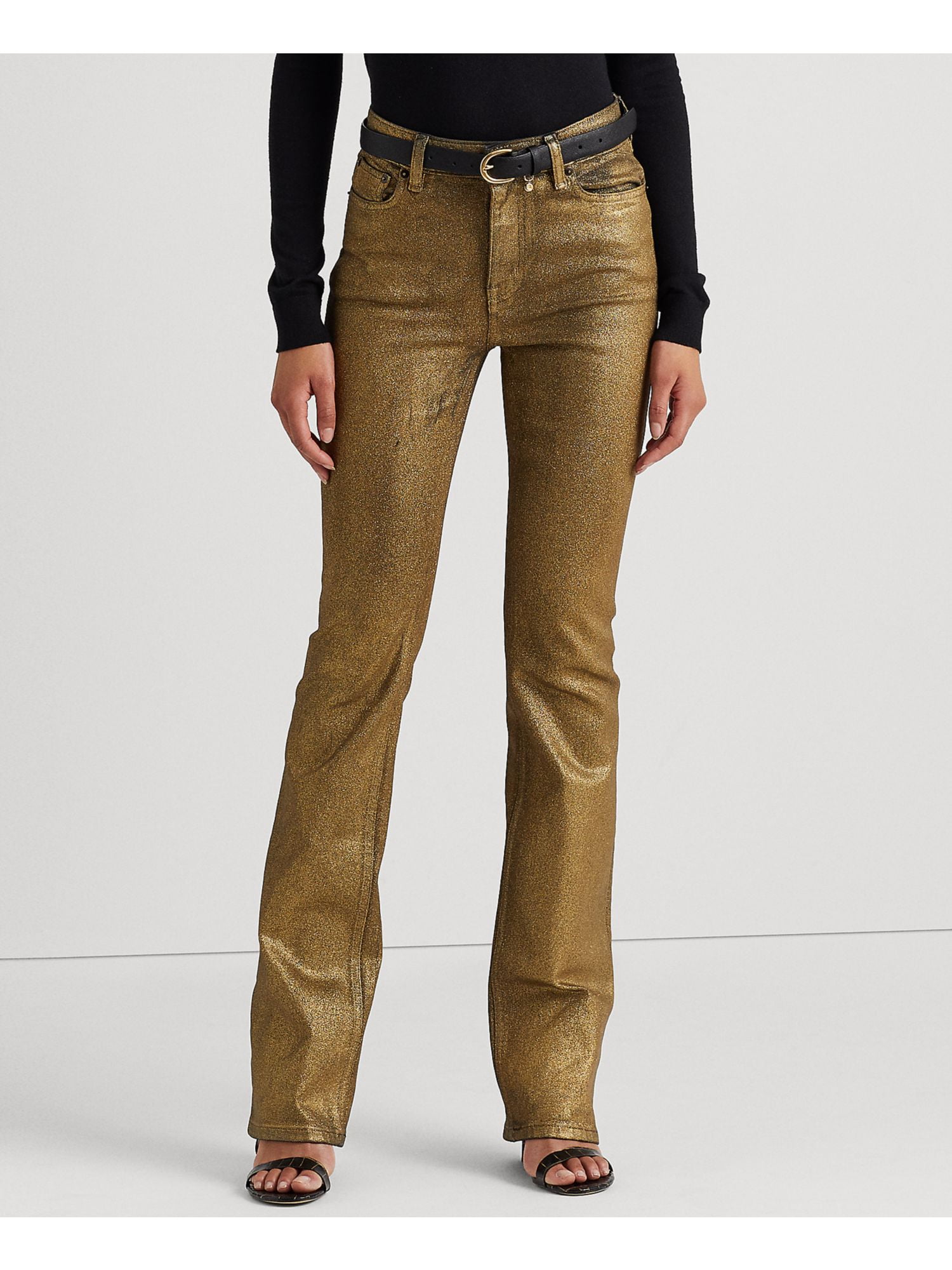 LAUREN RALPH LAUREN Womens Gold Glitter Pocketed High Rise Button Front ...