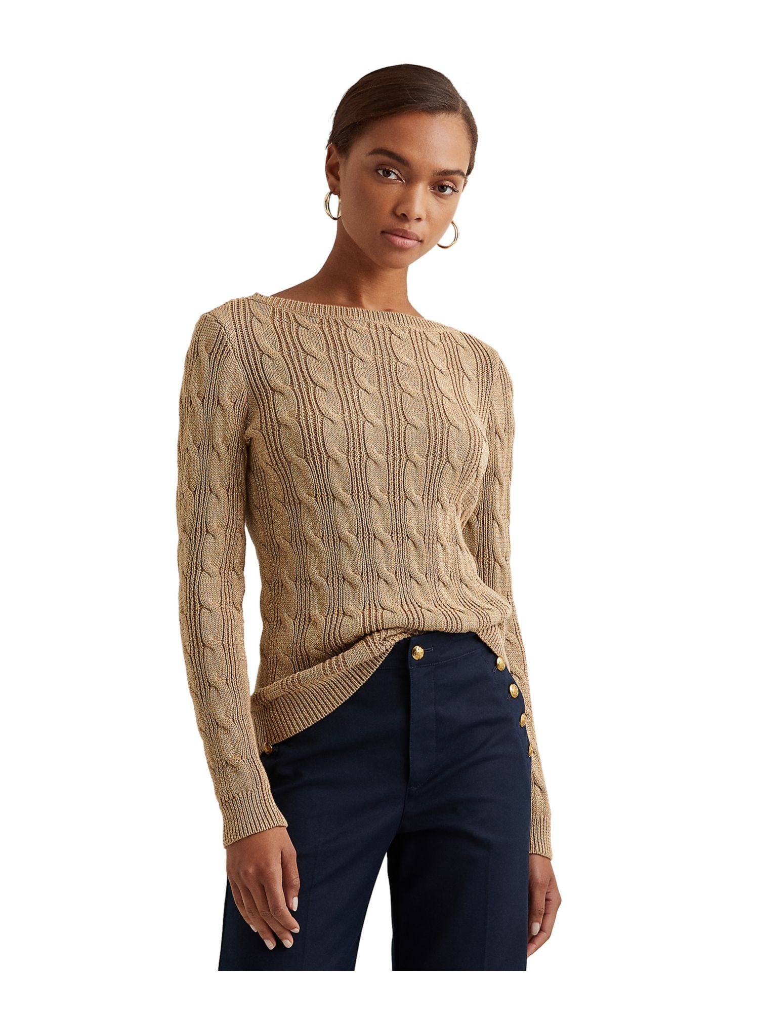 LAUREN RALPH LAUREN Womens Gold Glitter Textured Long Sleeve Boat Neck ...