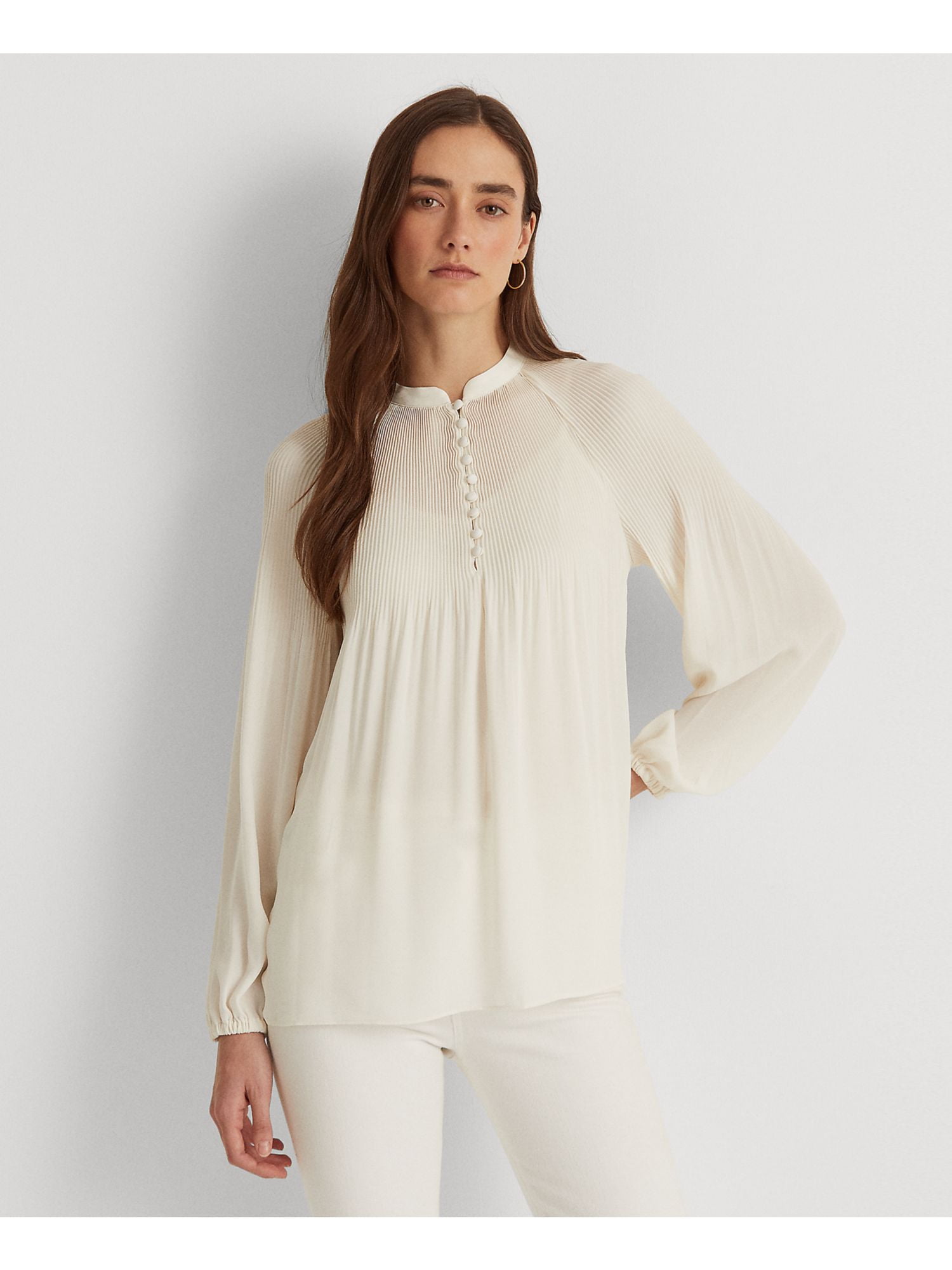 LAUREN RALPH LAUREN Womens Ivory Pleated Partial Front Button Closure ...