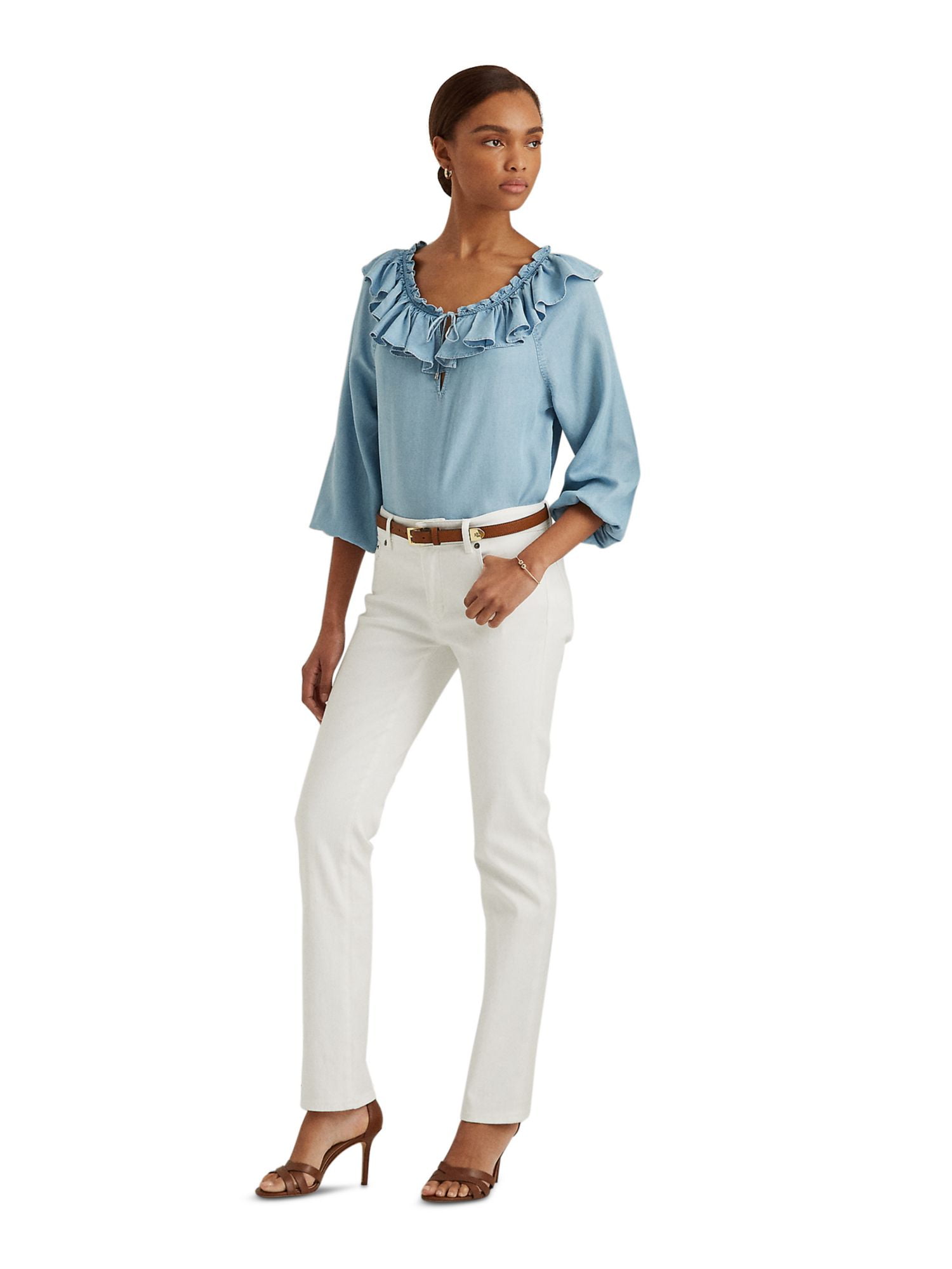 LAUREN RALPH LAUREN Womens Light Blue Ruffled Tie Curved Hem 3/4 Sleeve ...