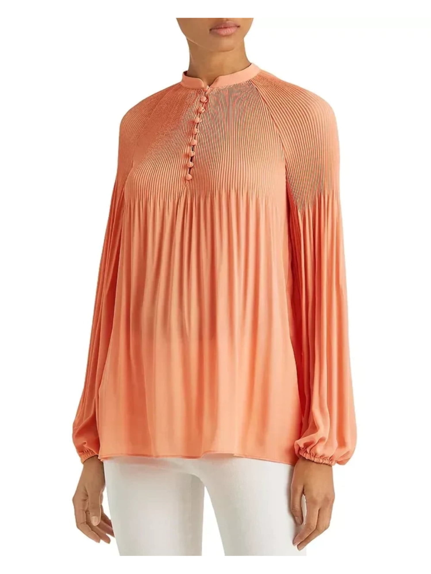 LAUREN RALPH LAUREN Womens Orange Pleated Band Collar Button Placket ...