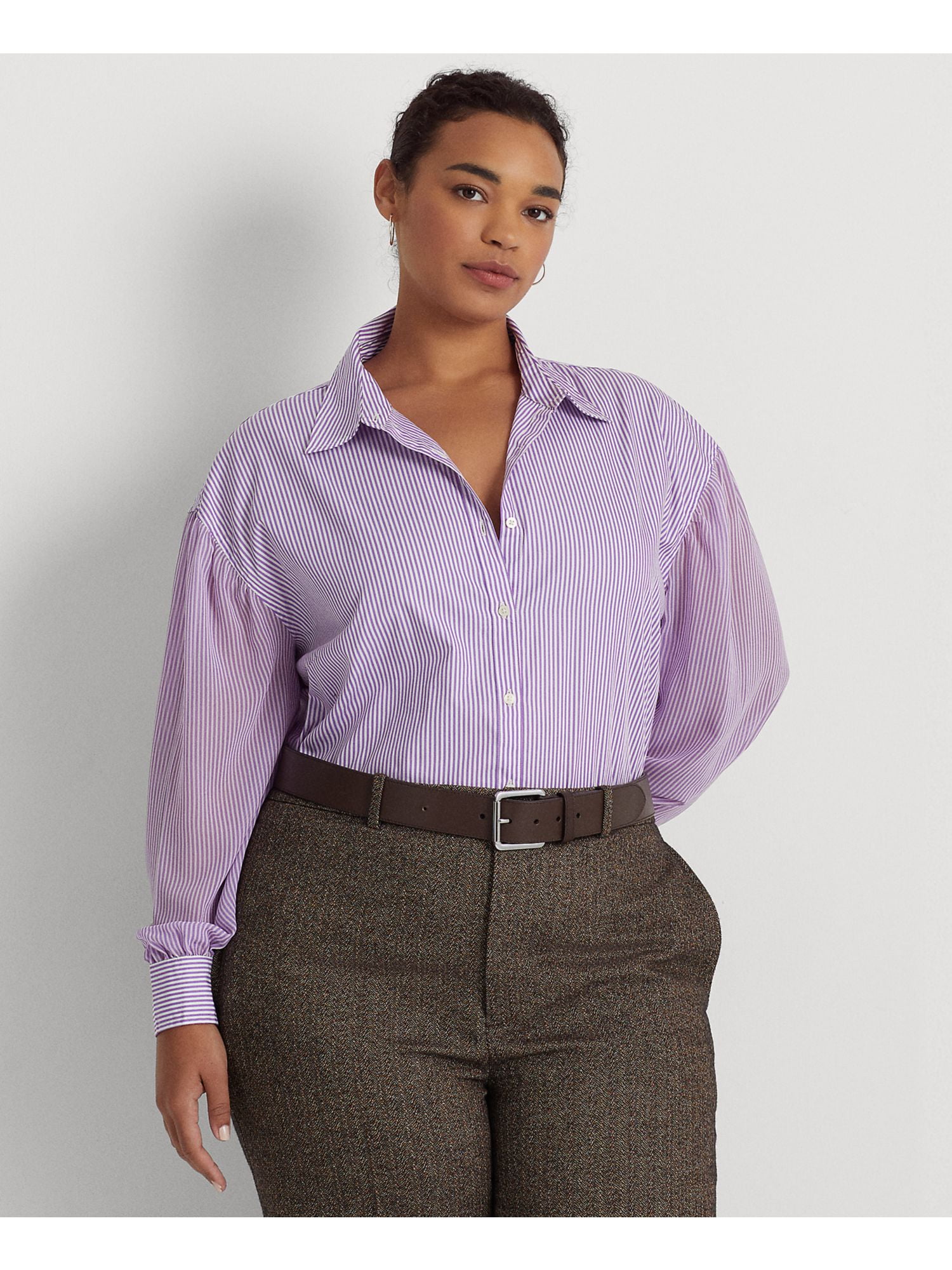 LAUREN RALPH LAUREN Womens Purple Sheer Curved Hem Striped Cuffed ...