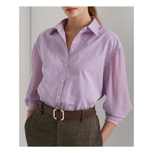 LAUREN RALPH LAUREN Womens Purple Striped Long Sleeve Point Collar Wear ...