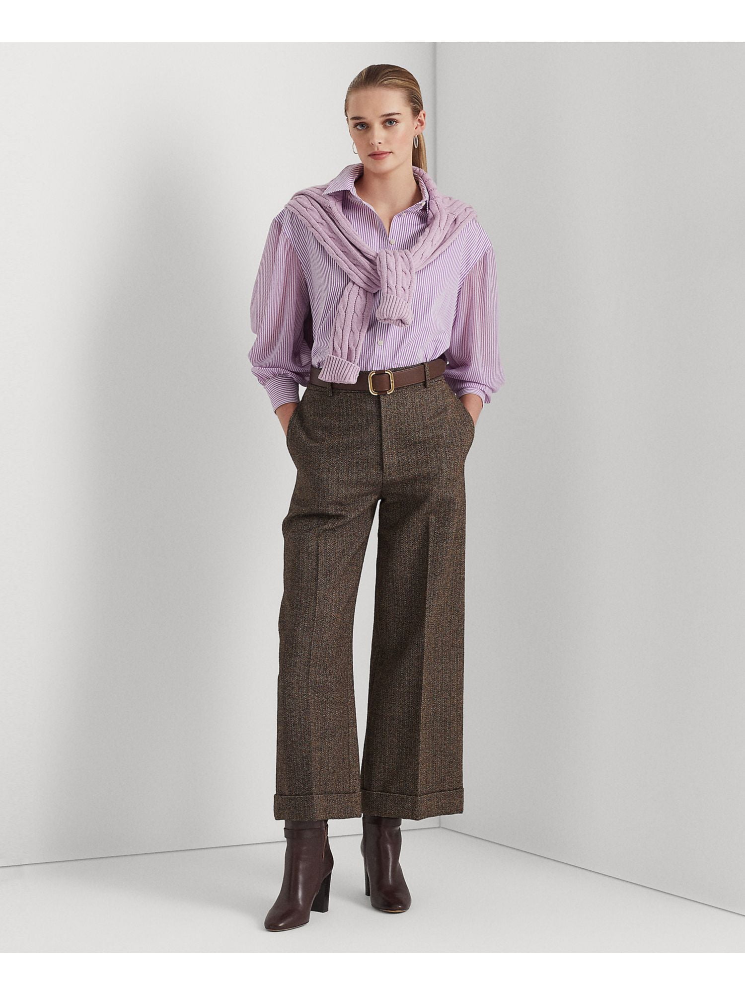 LAUREN RALPH LAUREN Womens Purple Striped Long Sleeve Point Collar Wear ...