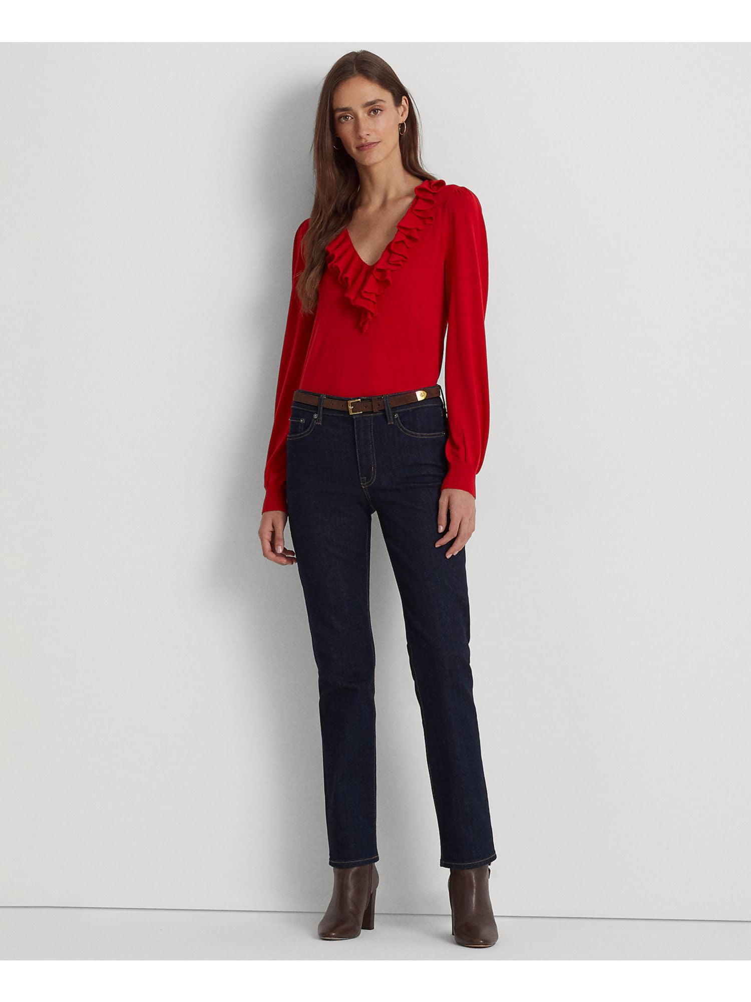 LAUREN RALPH LAUREN Womens Red Ruffled Ribbed Sheer Gathered Blouson Sleeve V Neck Wear To Work ...