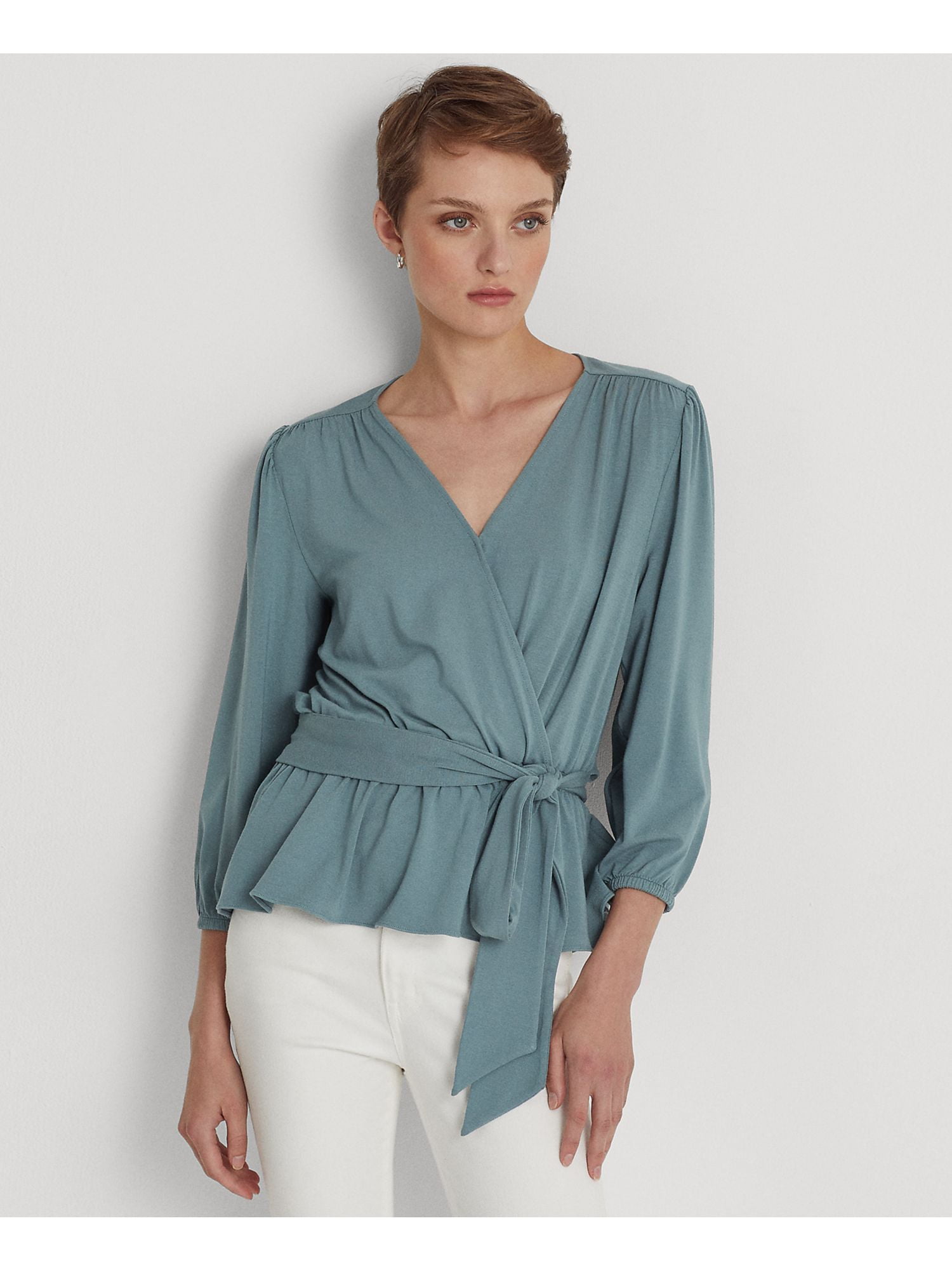 LAUREN RALPH LAUREN Womens Teal Tie Hook And Eye Closure Pullover 3/4 ...