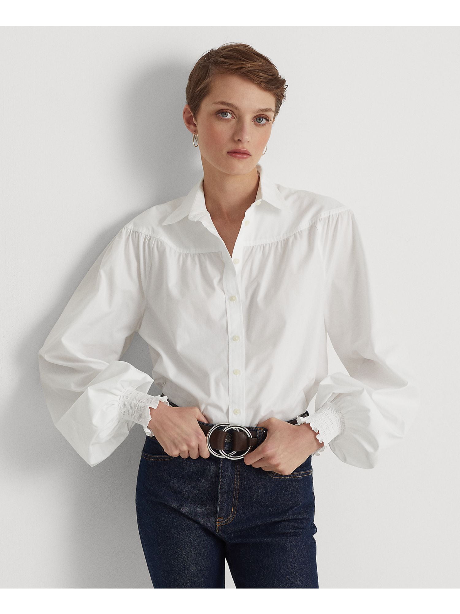 LAUREN RALPH LAUREN Womens White Smocked Long Sleeve Collared Wear To ...