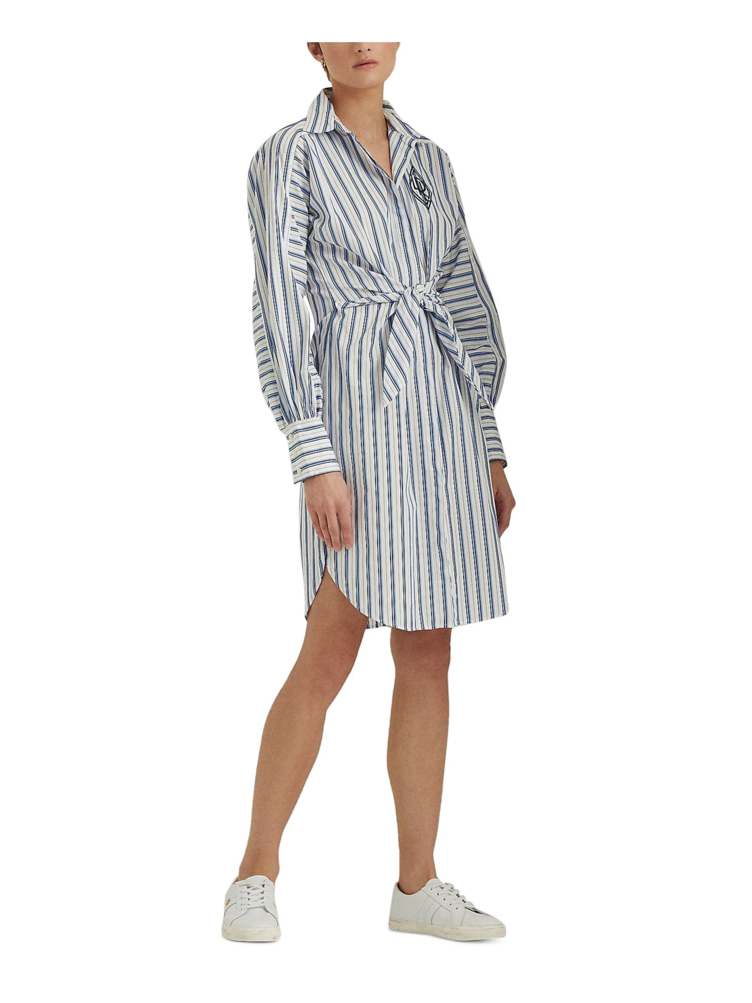 LAUREN RALPH LAUREN Womens White Tie Button Front Shirttail Hem Striped ...
