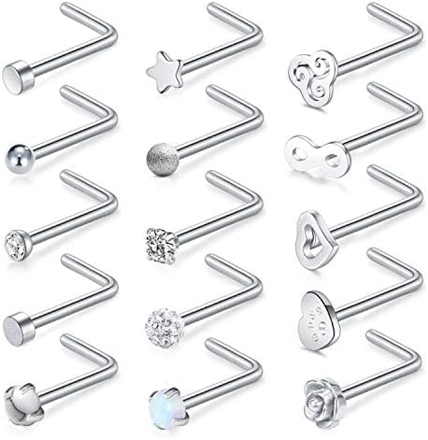 LAURITAMI 15Pcs 20G Stainless Steel Nose Rings L Shape For Women Men ...