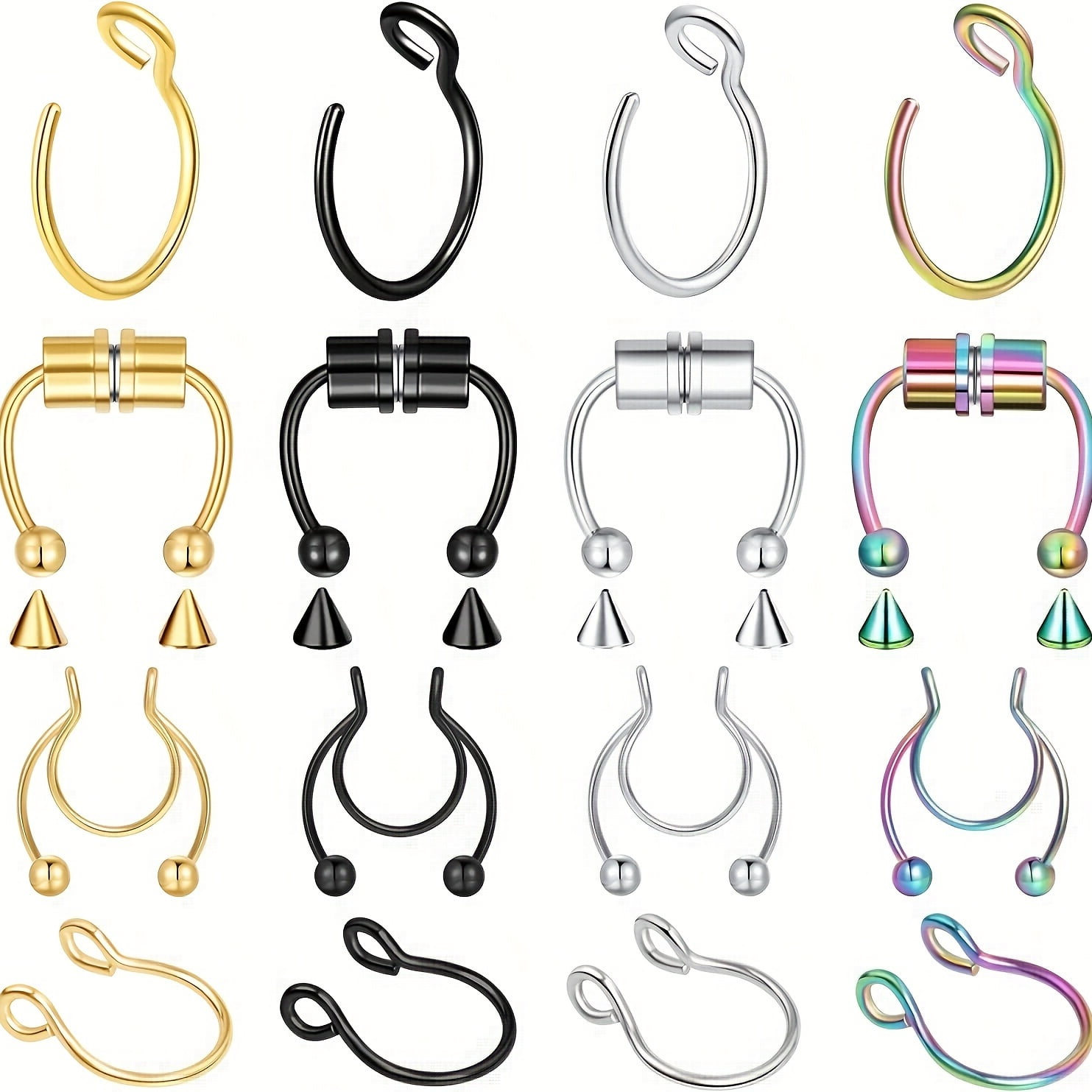 LAURITAMI 16Pcs Fake Nose Rings Fake Septum Nose Ring Horseshoe For ...