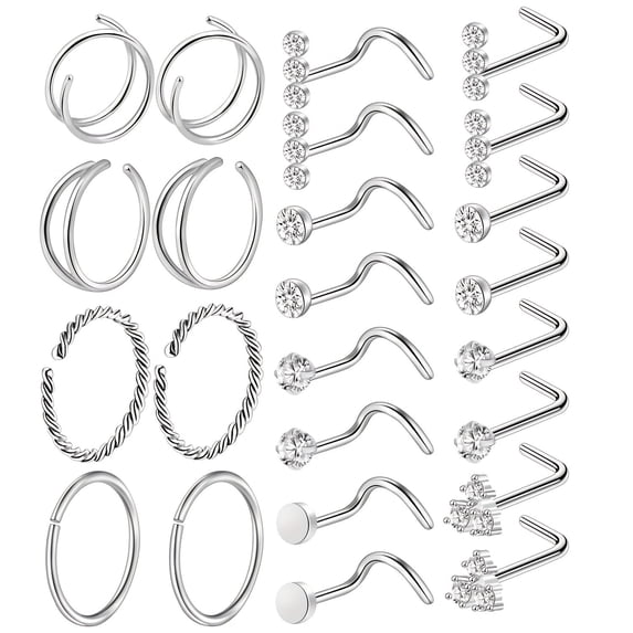 LAURITAMI 18G 24Pcs Nose Rings Hoops Surgical Steel Nose Rings Studs ...
