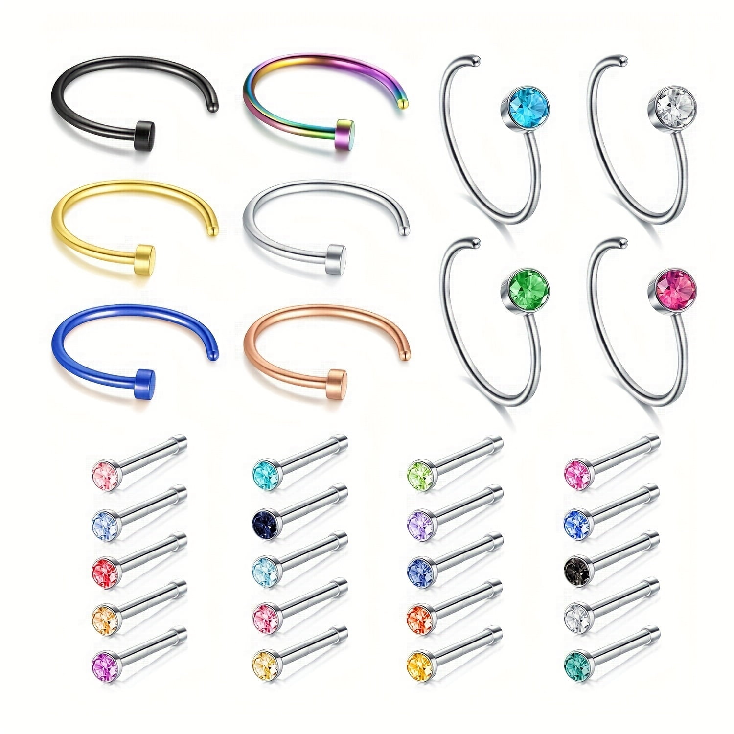 LAURITAMI 22G 30Pcs Nose Ring Hoop Surgical Steel Nose Rings Studs ...