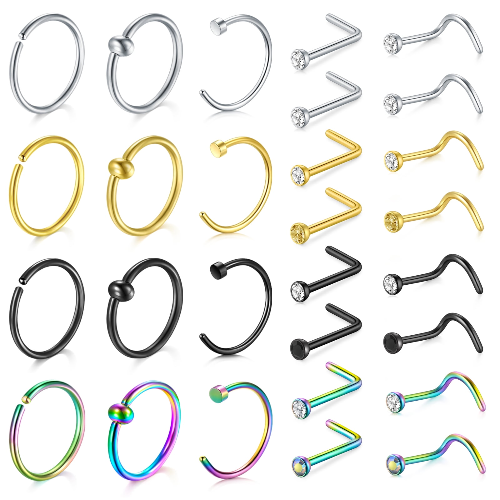 LAURITAMI 28Pcs 22G Nose Rings For Women Nose Rings Hoops Nose Studs ...