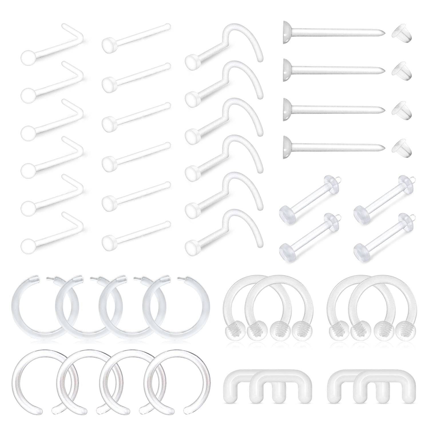 LAURITAMI 42Pcs Mix Style Clear Piercing Retainer Set, Flexible Lip Ear ...