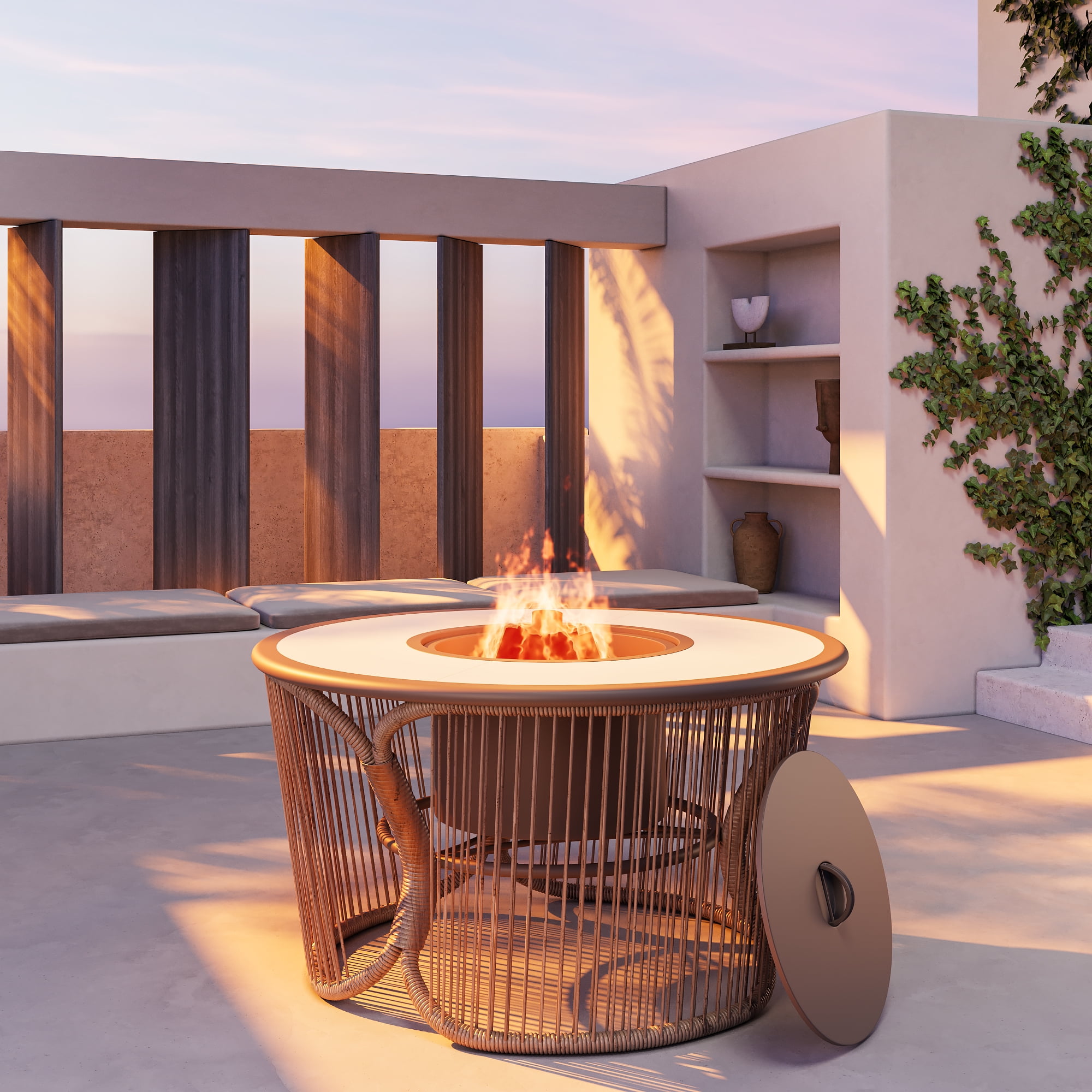 Lausaint Home 22 Inch Outdoor Wicker Fire Pit Table With Metal Lid And Fire Tong Brown