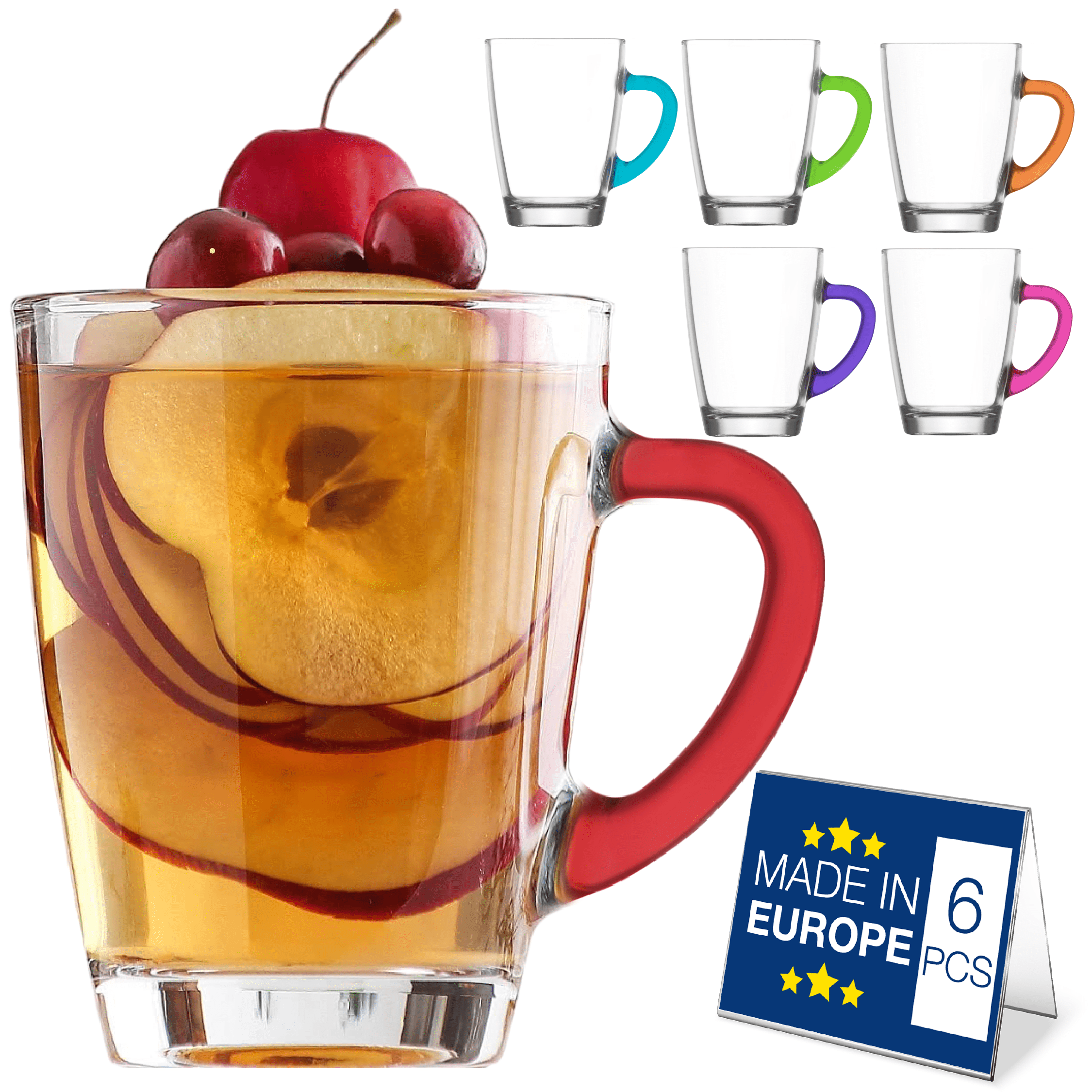 LAV Clear Glass Coffee Tea Mugs Set of 6, Vega Teacups with Colorful ...