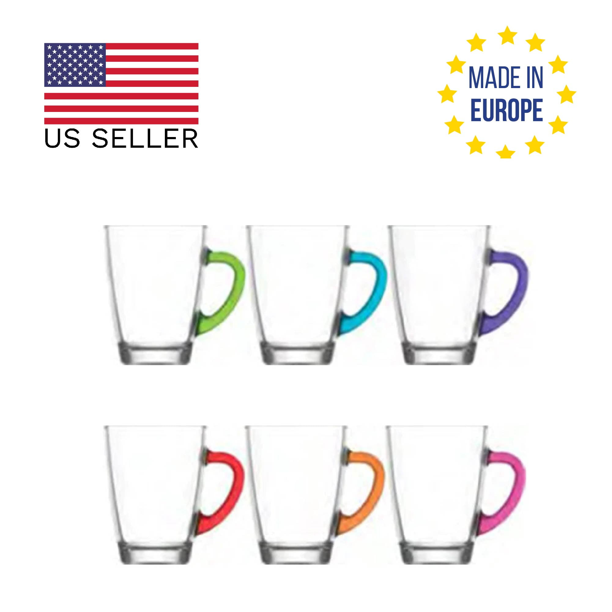 LAV Clear Glass Coffee Tea Mugs Set of 6, Vega Teacups with Colorful ...