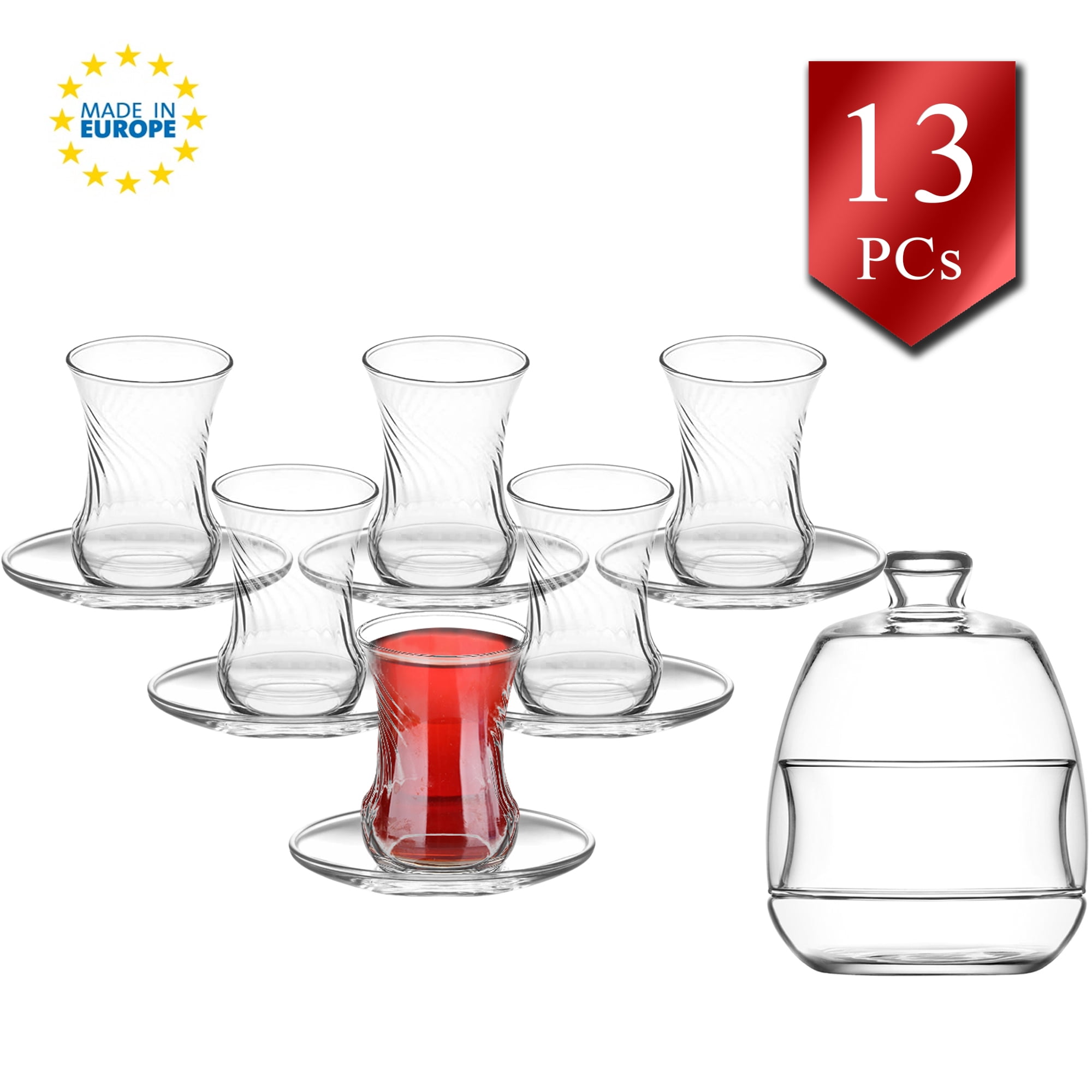 LAV Turkish Tea Glasses with Saucers and Glass Sugar Service Container ...