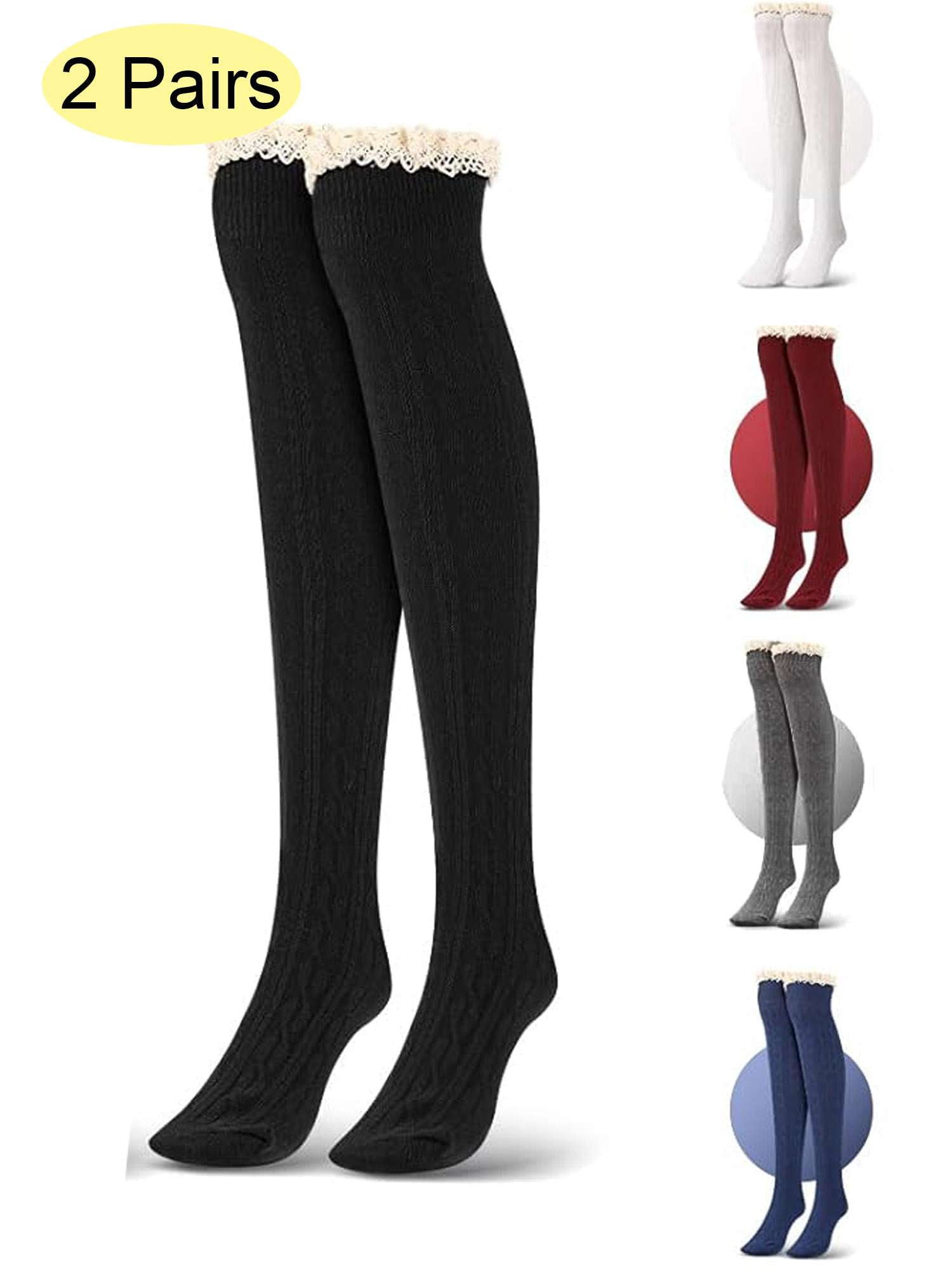 LAVA 2 Pairs Women Thigh High Socks Lace Trim Over the Knee High Socks ...