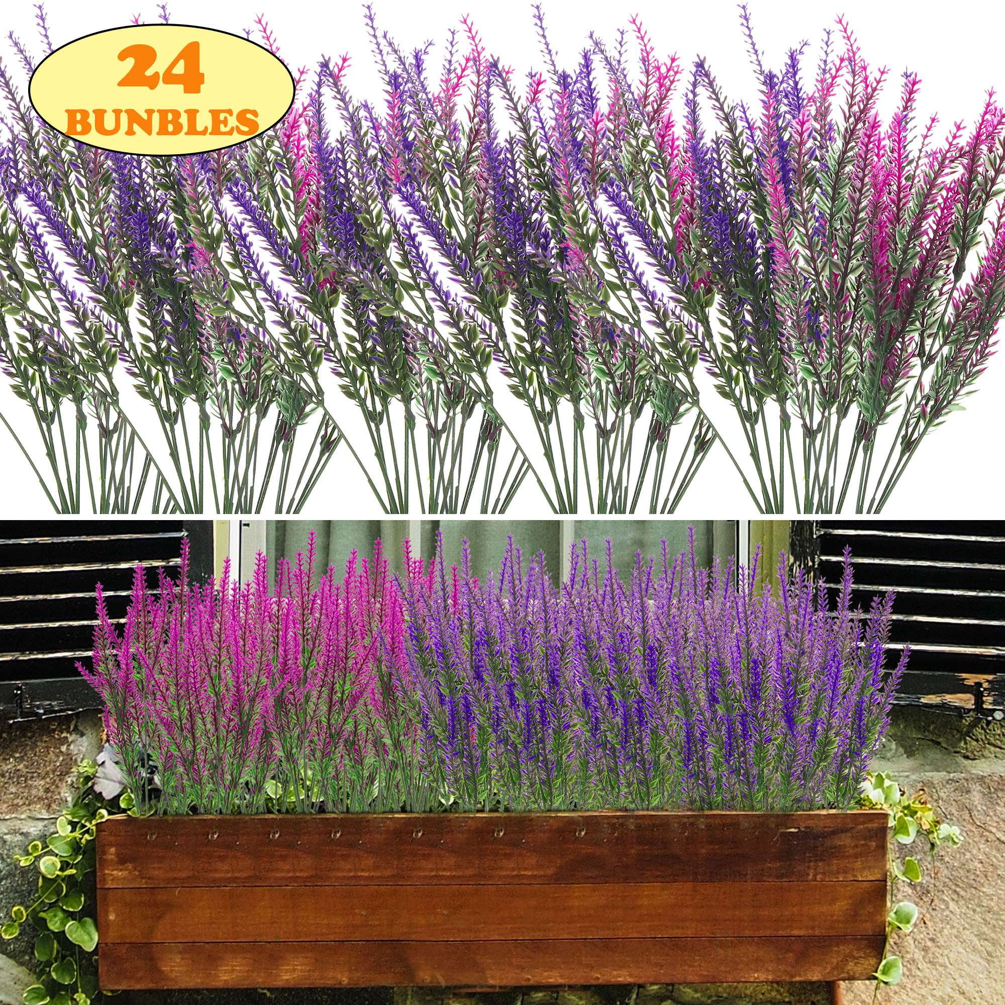 LAVA 24 Bundles Artificial Lavender Flowers UV Resistant Plastic Faux ...