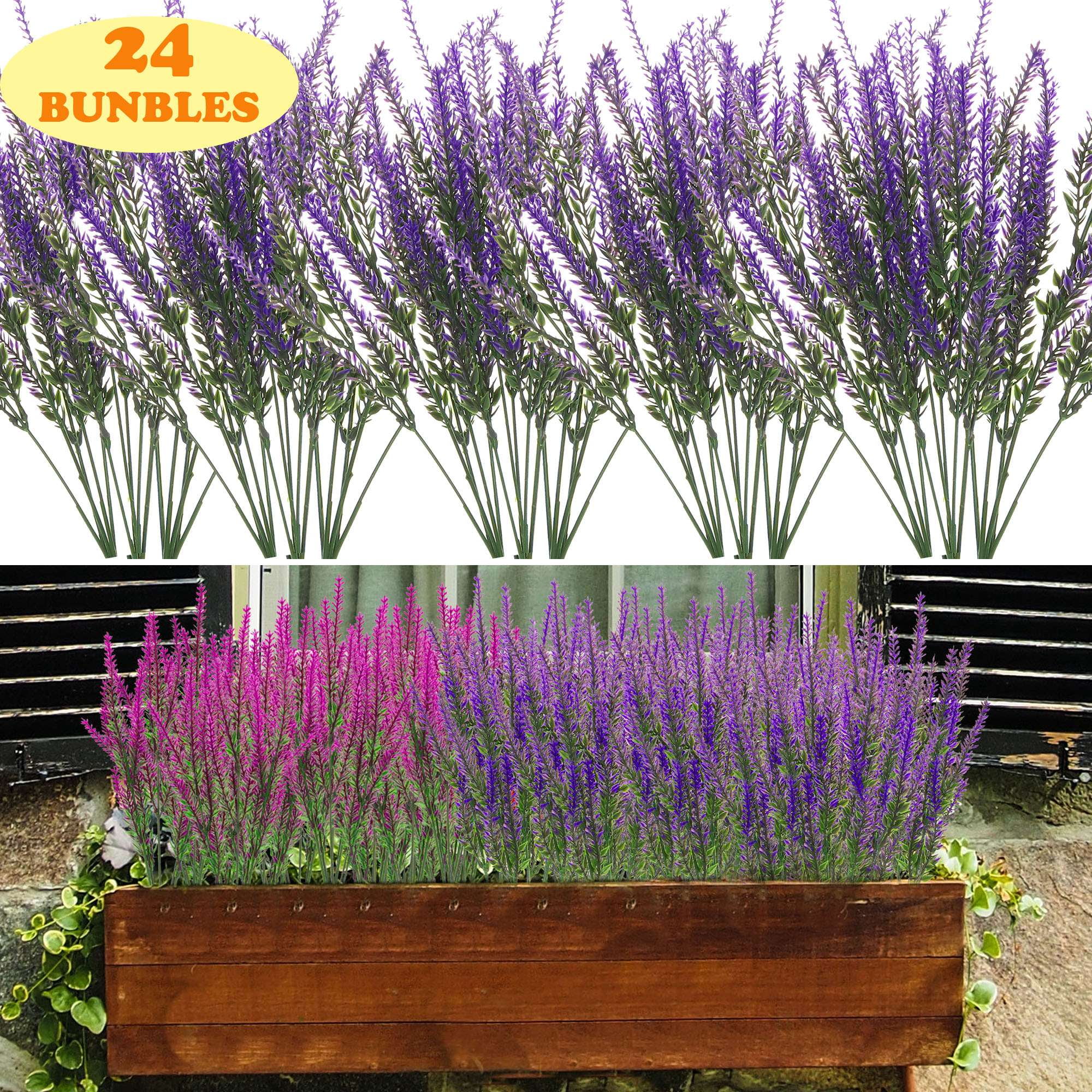 LAVA 24 Bundles Artificial Lavender Flowers UV Resistant Plastic Faux ...