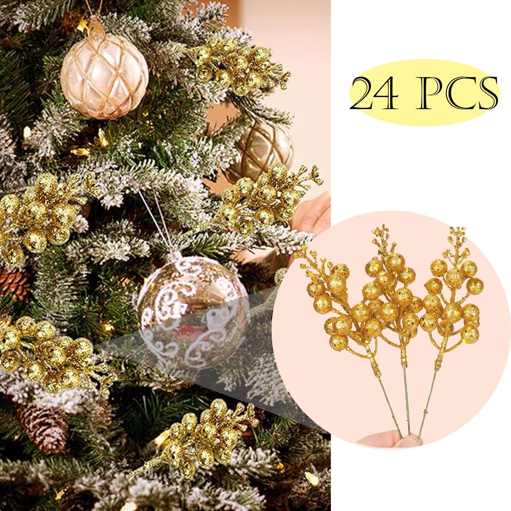 LAVA 24 Packs Christmas Glitter Berries Stems 7.9 inch Artificial Gold ...