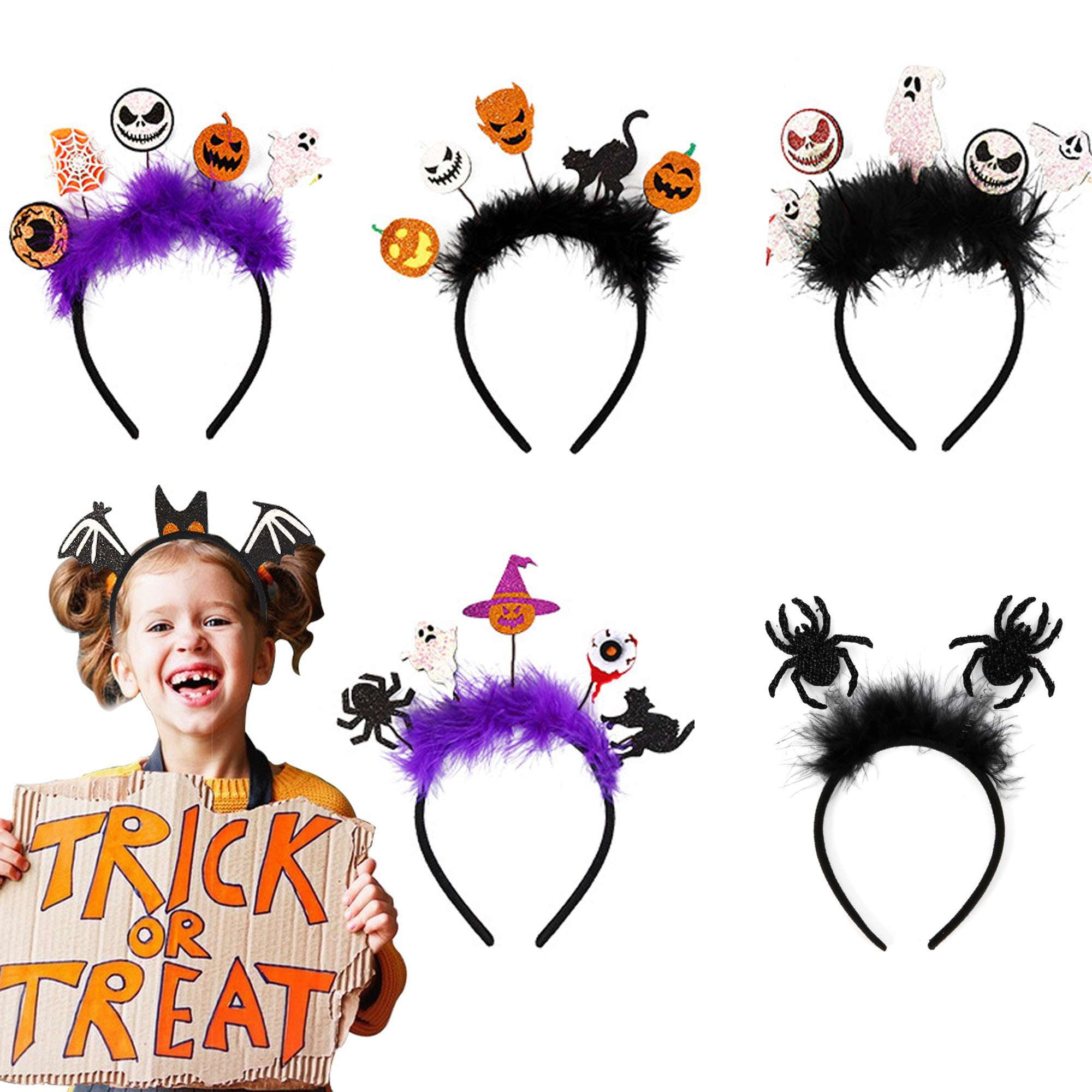 LAVA 5 Pcs Halloween Headband Set Spider Bat Pumpkin Eyeball Witch Hat ...