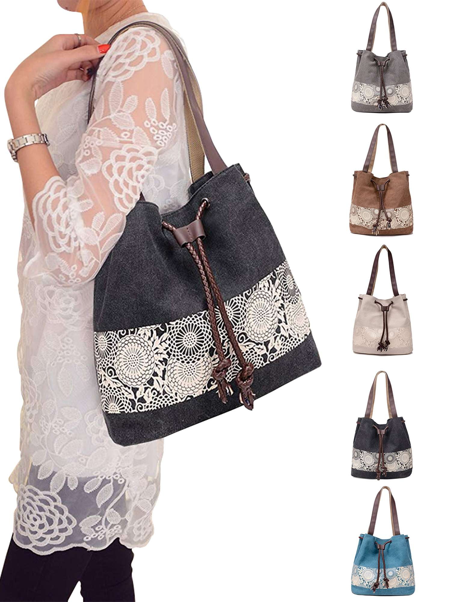 LAVA Women Canvas Tote Bag Casual Multi-Pocket Handbag Hobo Shoulder ...