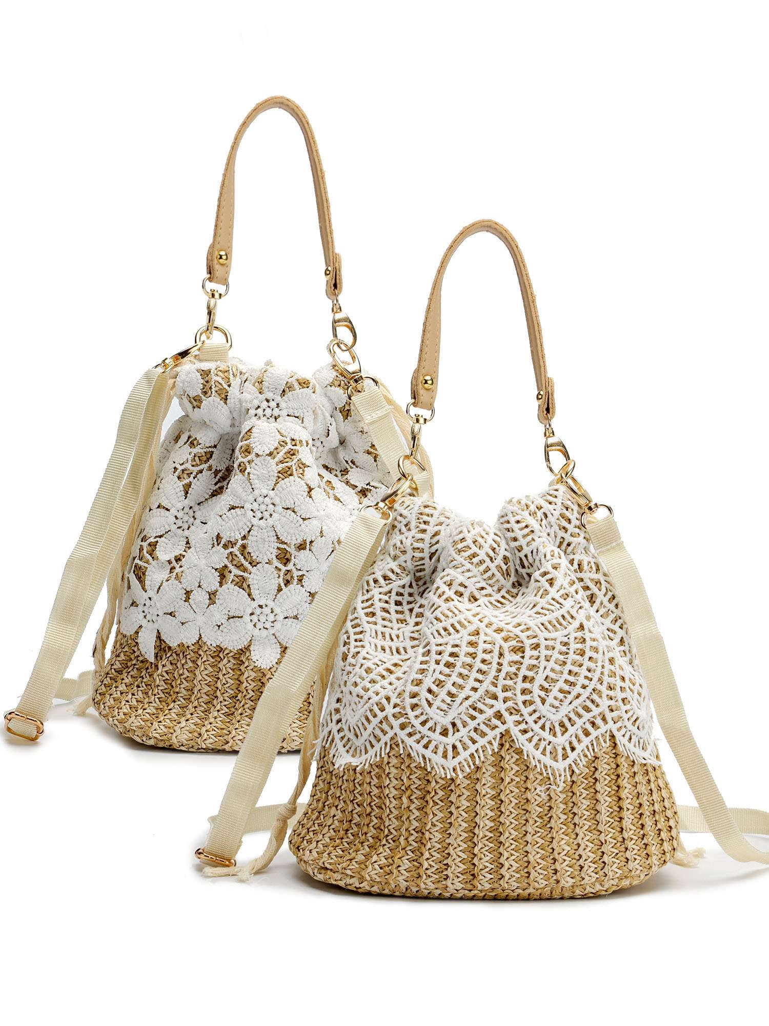 LAVA Women Straw Handbag Summer Beach Bucket Bag Lace Woven Drawstring ...