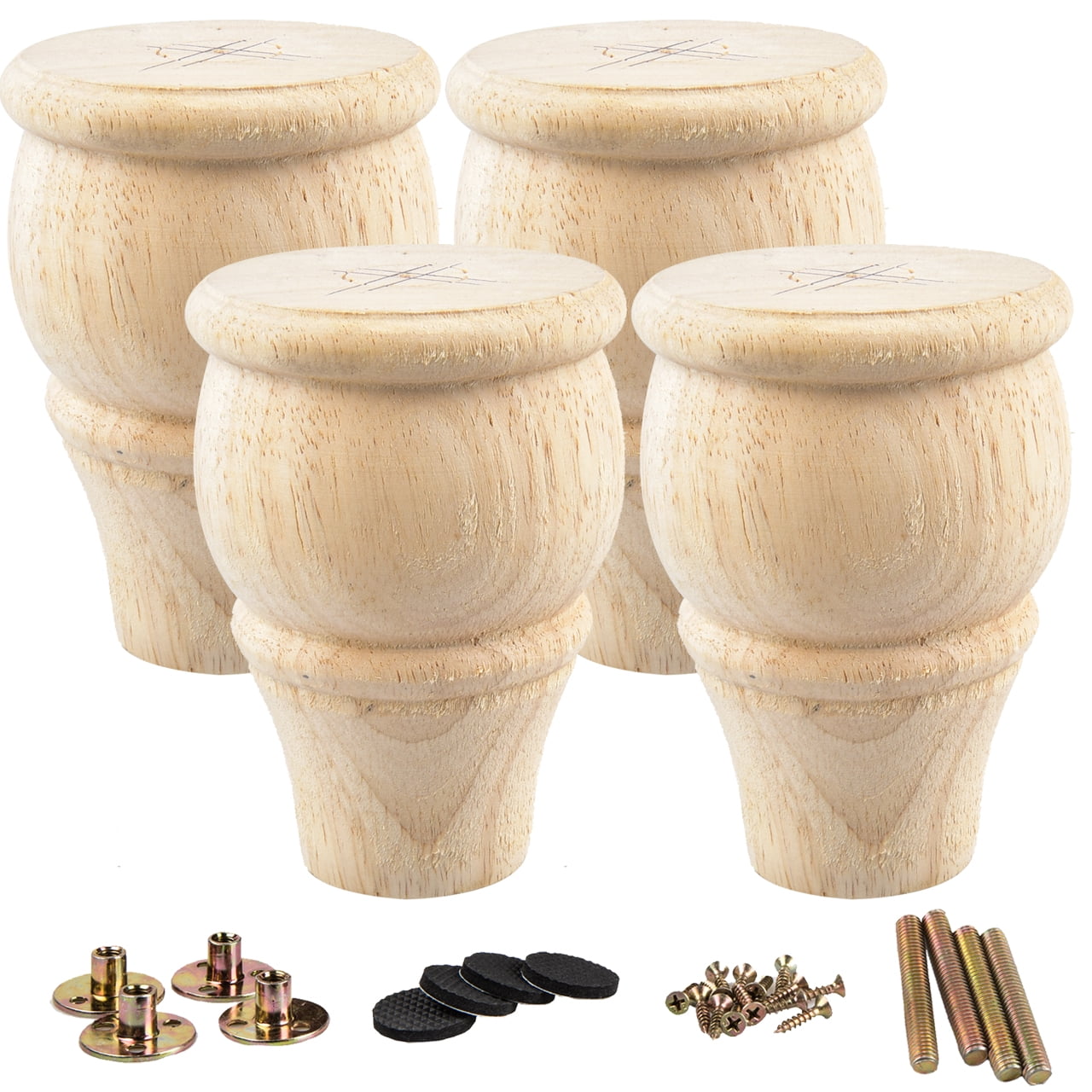 LAVANE 4 inch / 10cm Wooden Furniture Legs, Set of 4 Solid Wood Carved ...