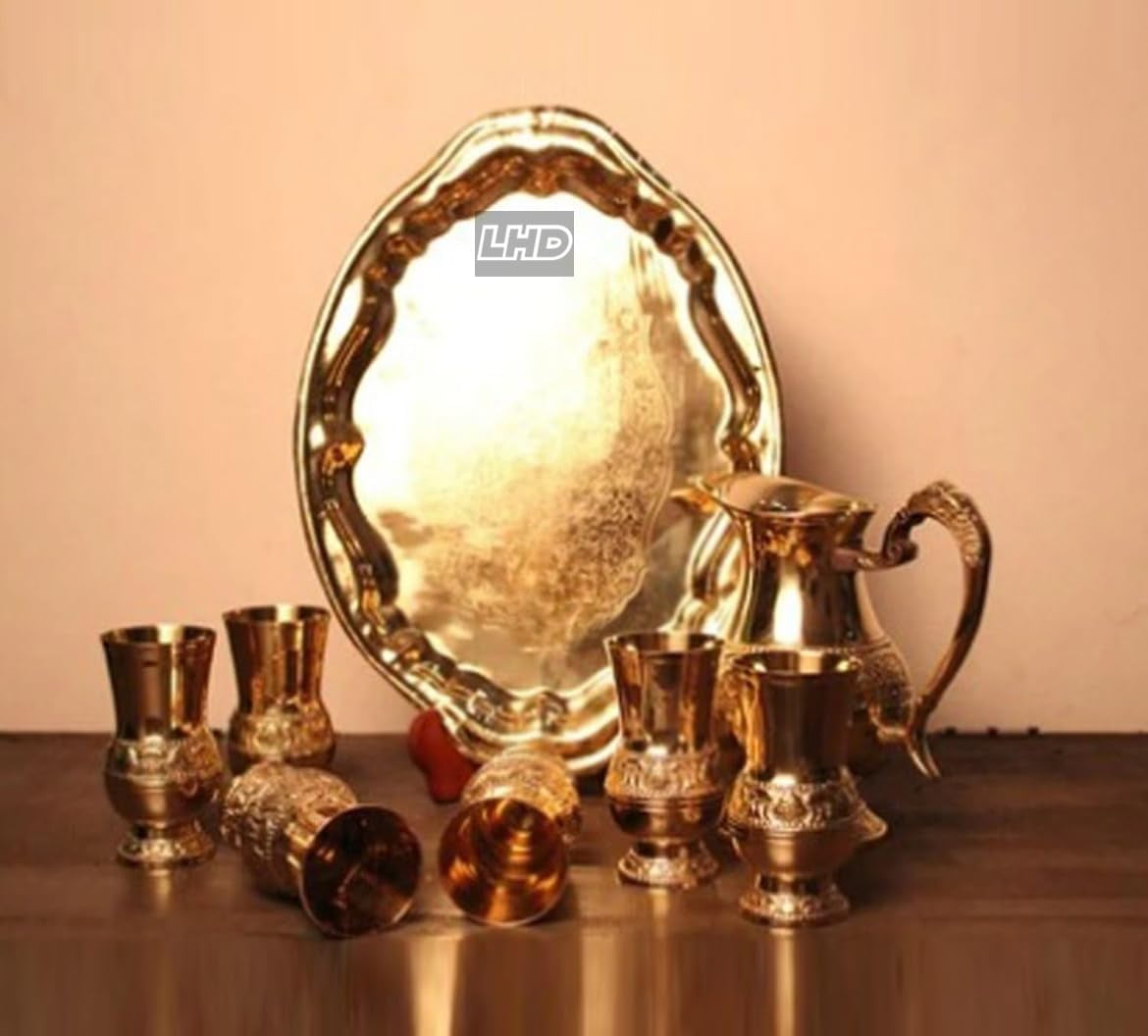 LAVISH HOME DECORE Vintage Style Brass Jug and Glass Tumbler Set Pack ...