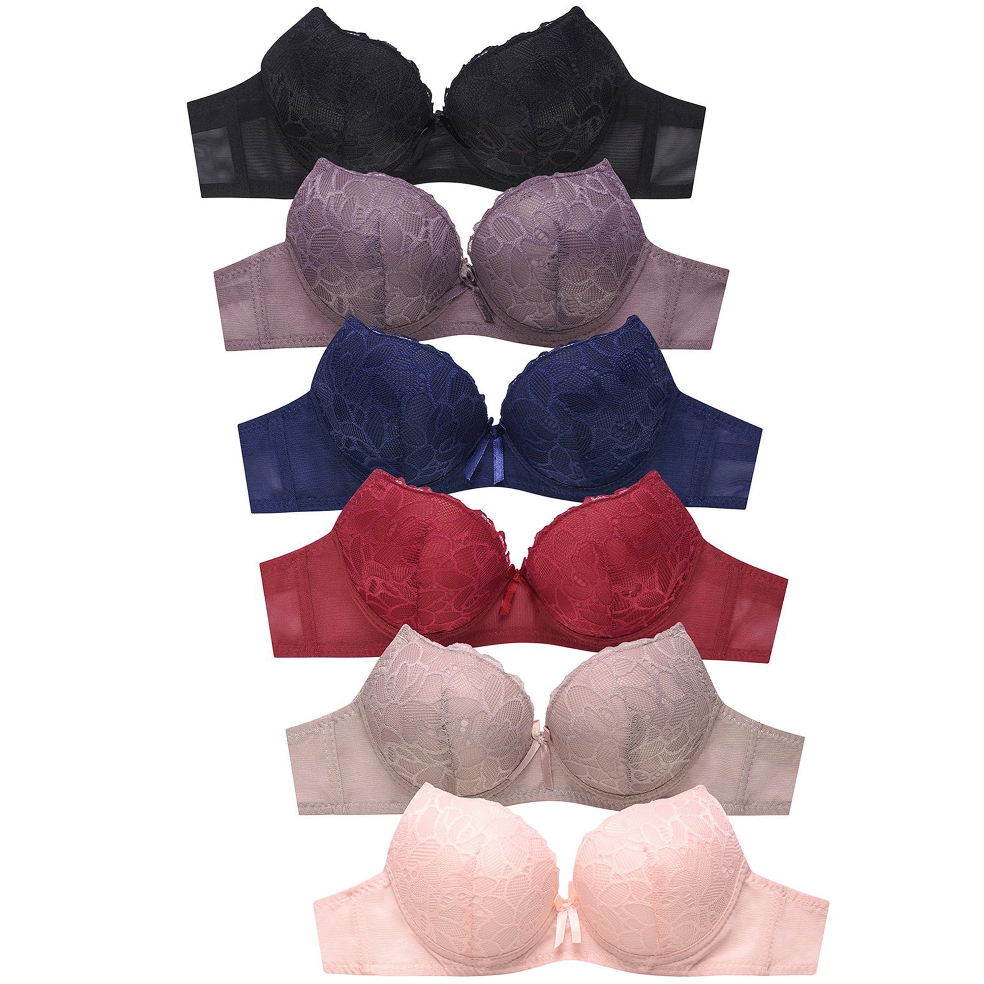 Lavra Women's Push Up Full Cup Bras, Lace Floral Design, 6-Pack ...