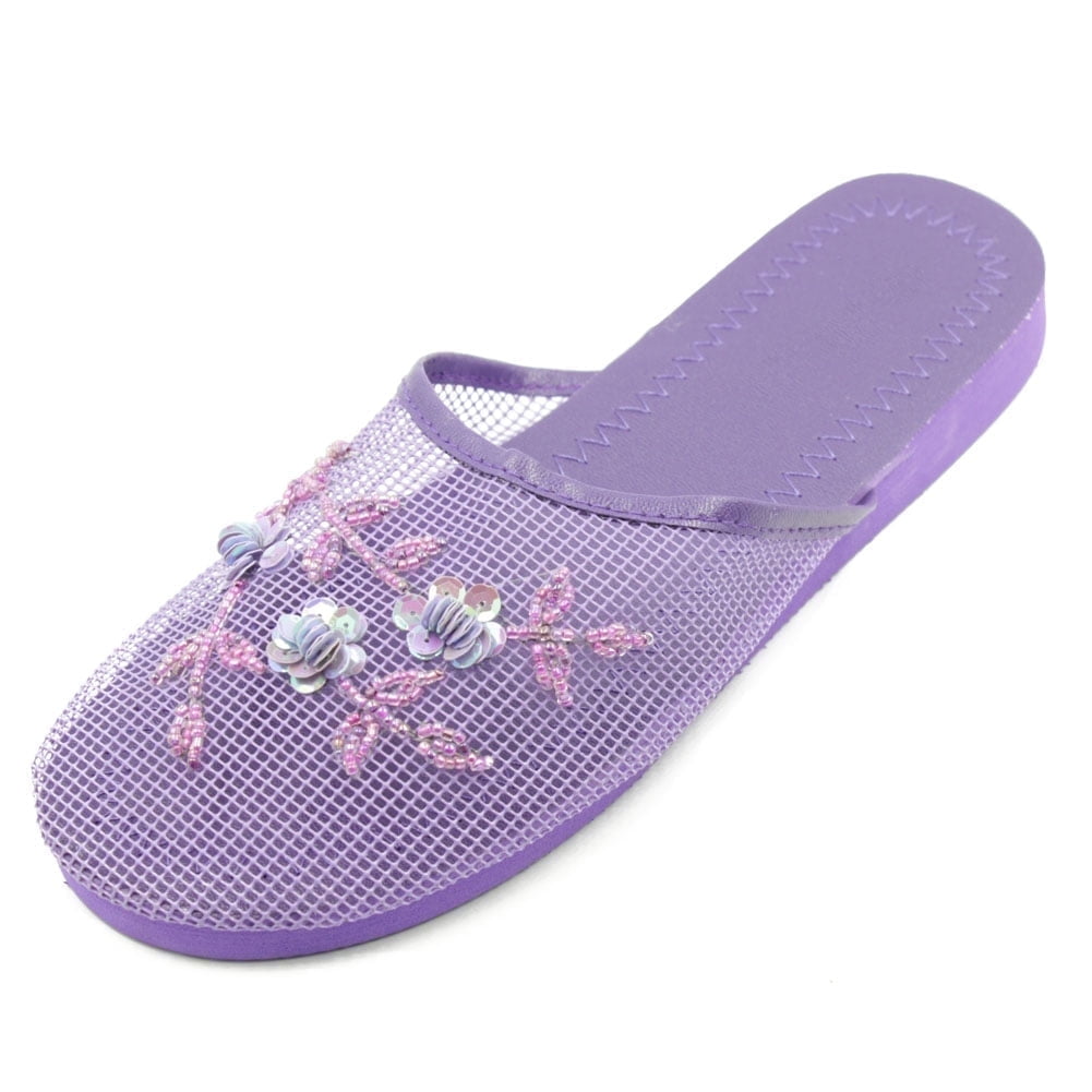LAVRA Women's Breathable Mesh Sequin Slide, Beaded Floral Embellished ...