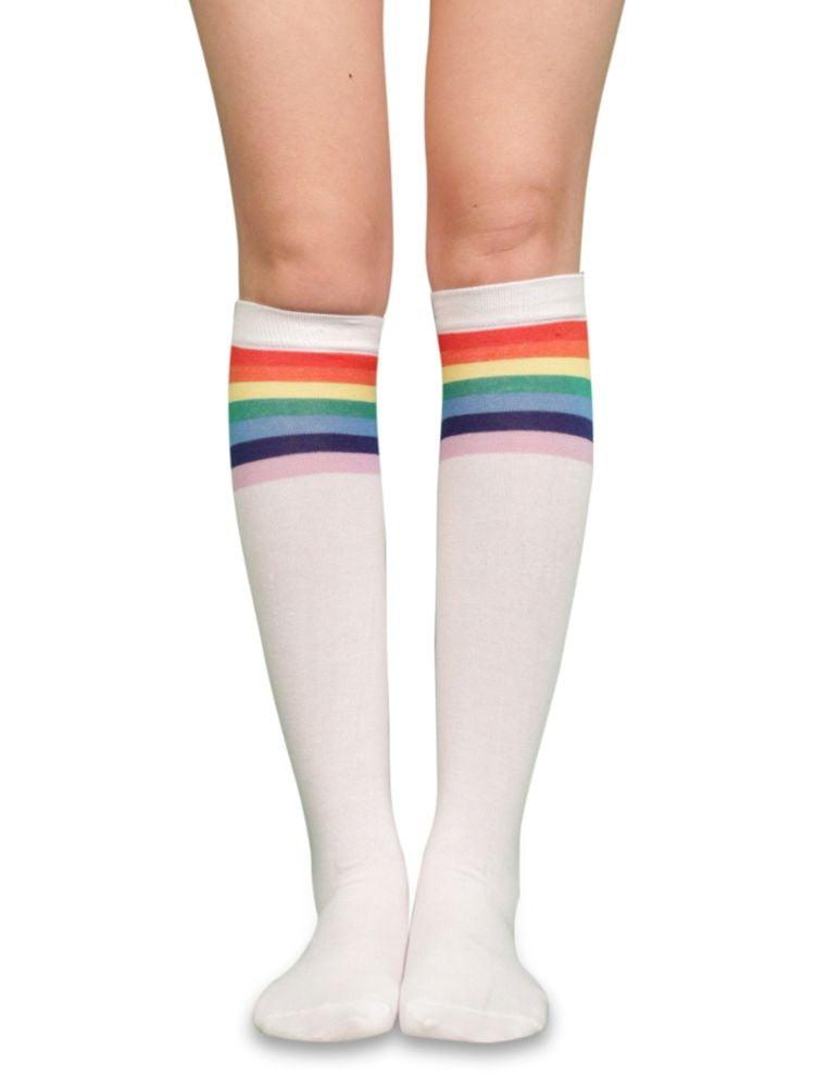 LAVRA Women's Pair of Colorful Rainbow Trimmed Knee High Black Socks ...