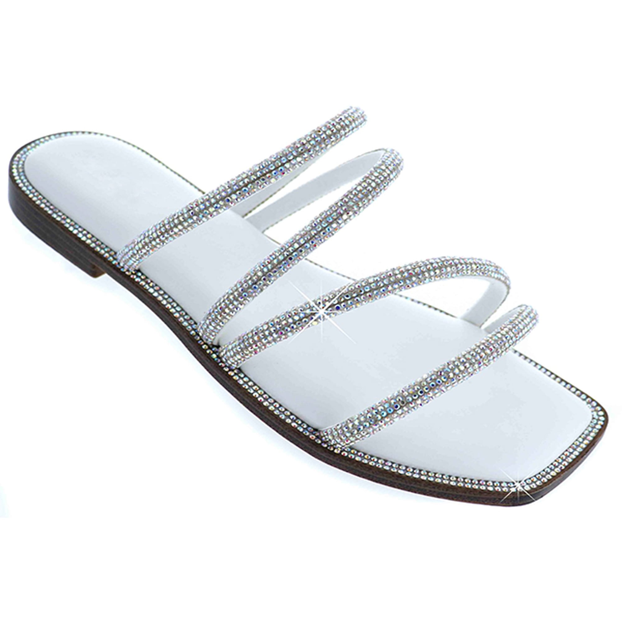 LAVRA Womens Rhinestone Slides Bling Summer Sandals Strappy Sparkle ...