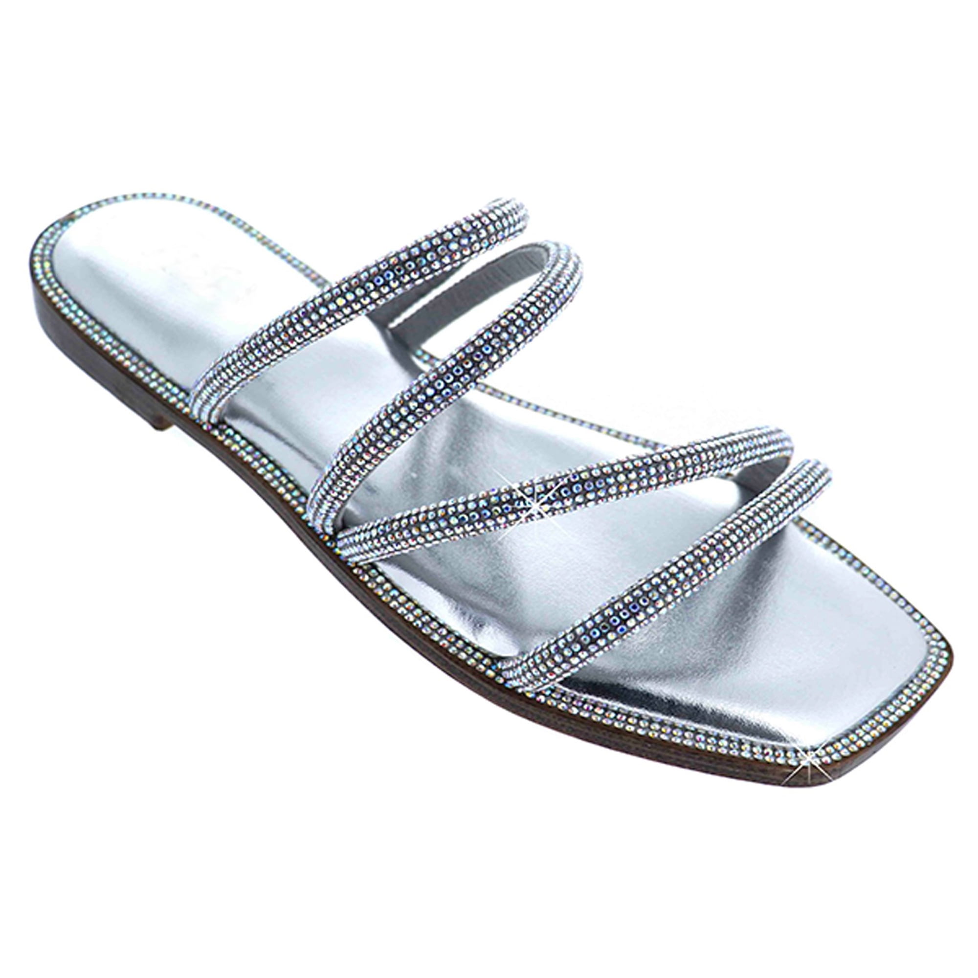 LAVRA Womens Rhinestone Slides Bling Summer Sandals Strappy Sparkle ...