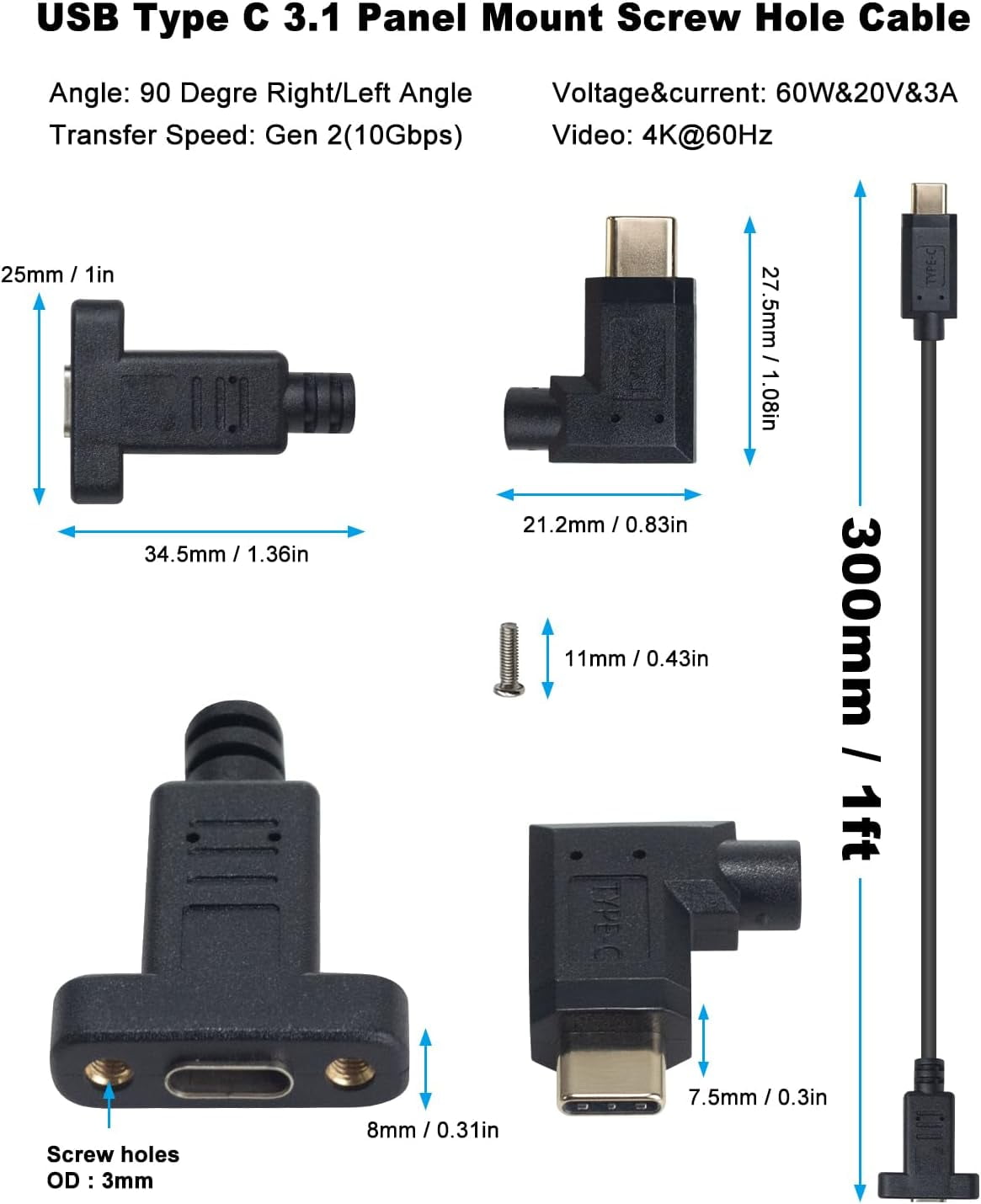 LAWONP-USB C Male to Female Extension Cable 1ft/30cm, Right& Left ...