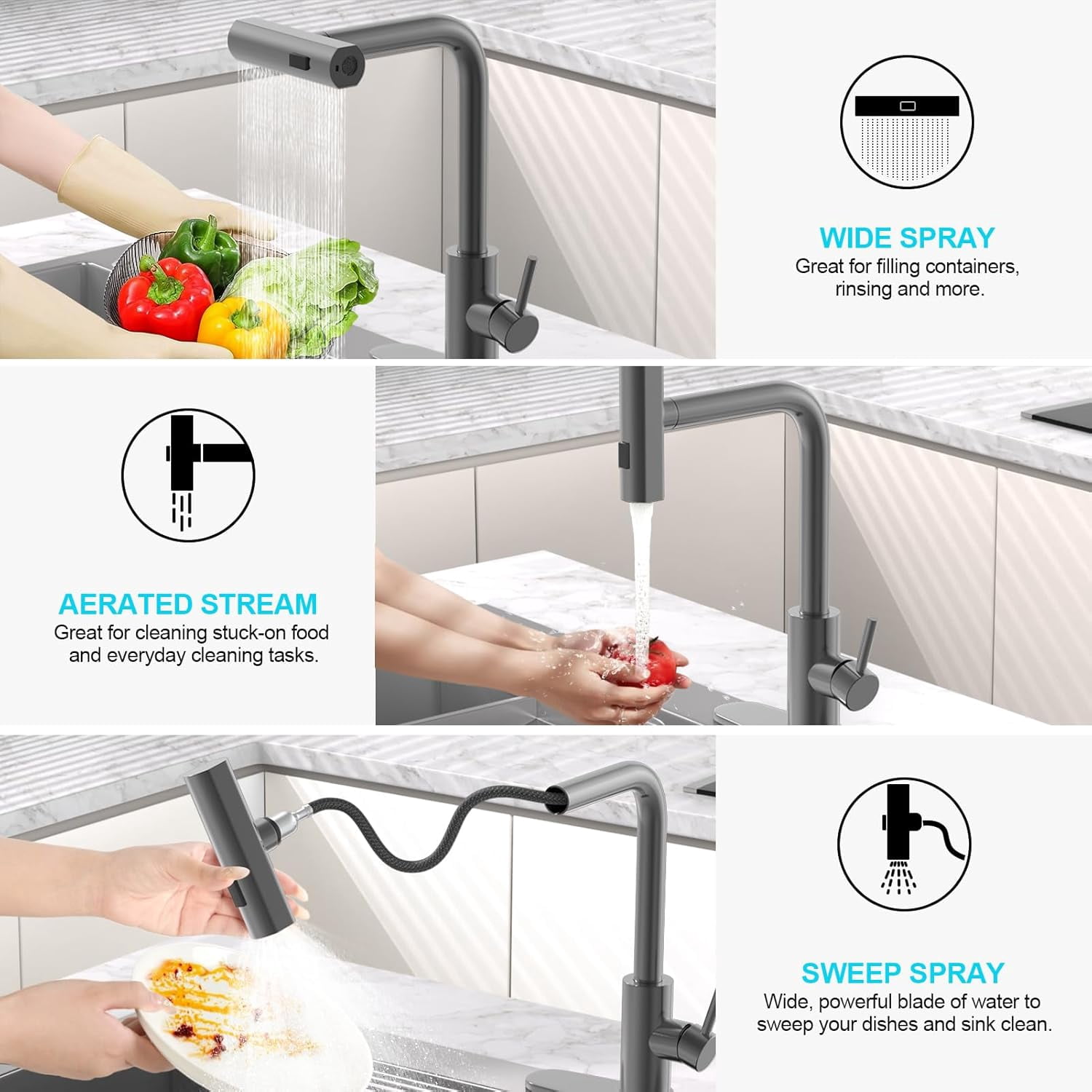 LAWONP-Waterfall Pull Down Spray Head for Kitchen Faucet, 3-Function ...