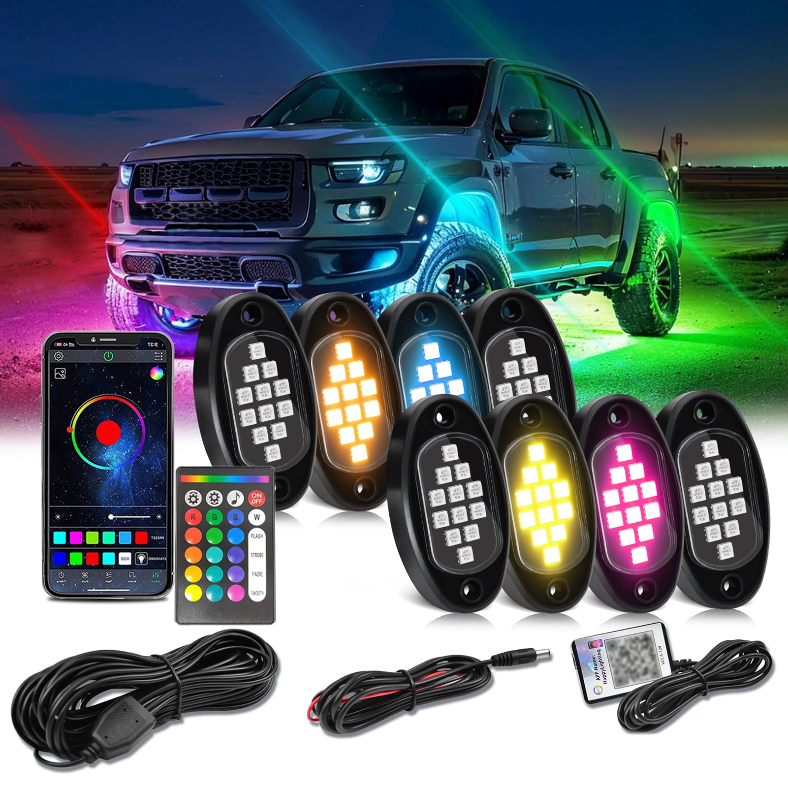 LAZIOEGR RGB Car Underglow Lights, 8 Pods LED Underbody Rock Light Kit ...