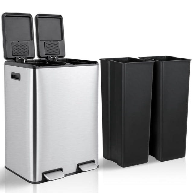 LAZY BUDDY 16 Gal Dual Kitchen Trash Can 2 x 30L Rectangular Stainless ...