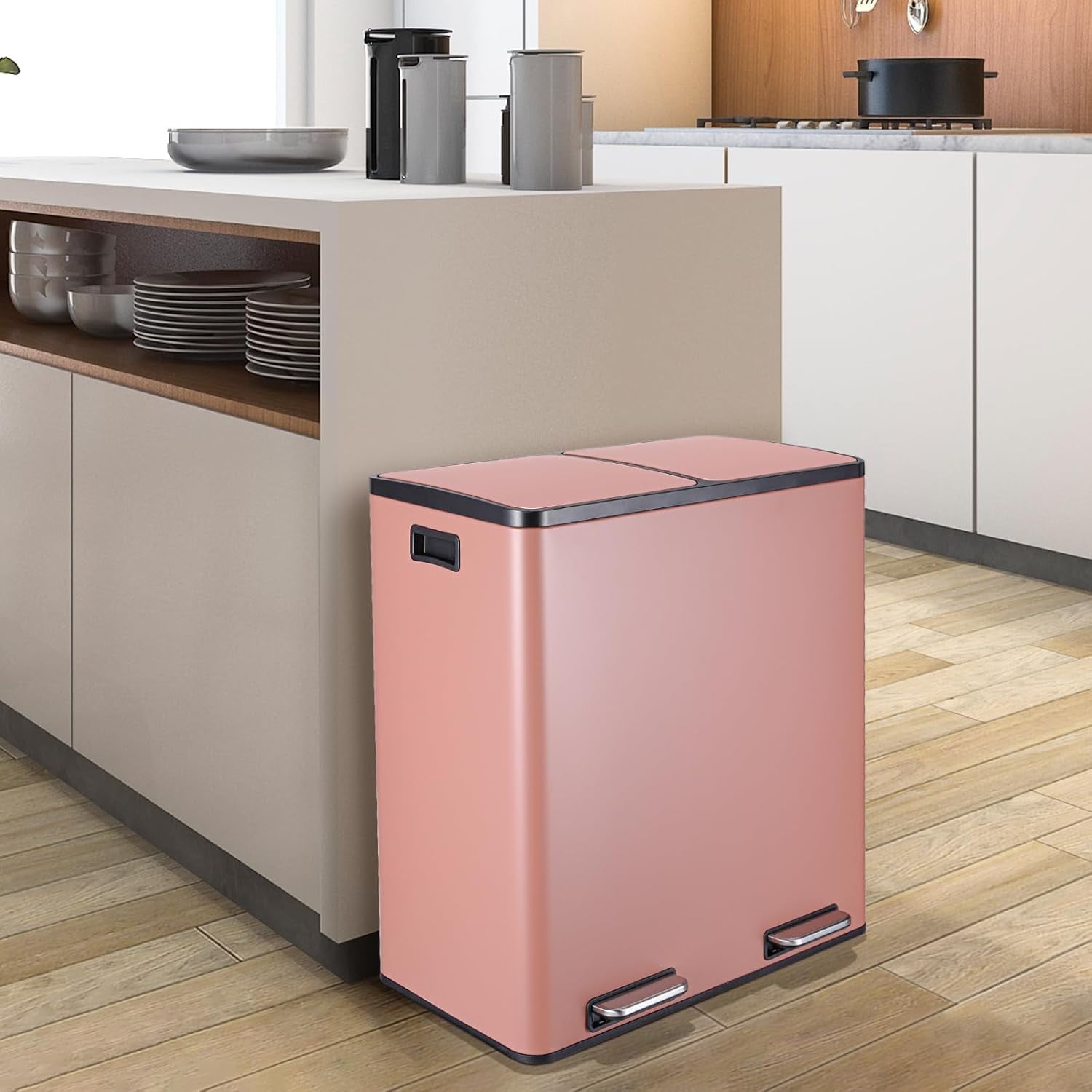 LAZY BUDDY 16 Gallon Dual Compartments Trash Can, Stainless Steel ...