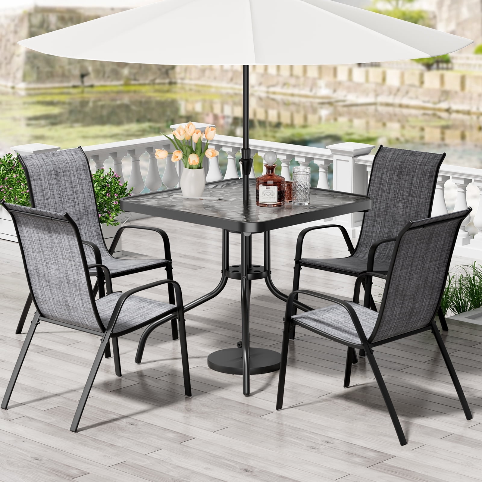 LAZY BUDDY 5-Piece Outdoor Patio Dining Set, Steel Square Table and 4 ...