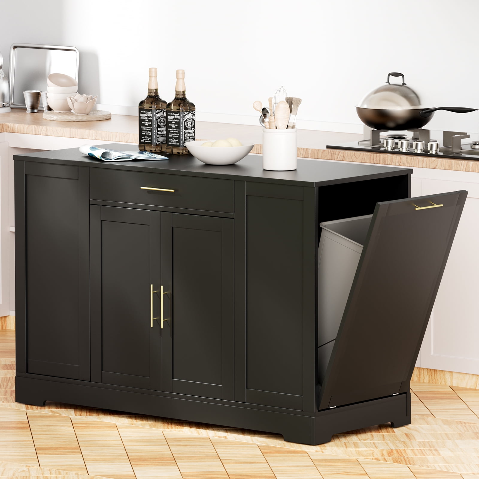 LAZY BUDDY 53" Large Kitchen Island w/ Trash Can Storage Cabinet ...