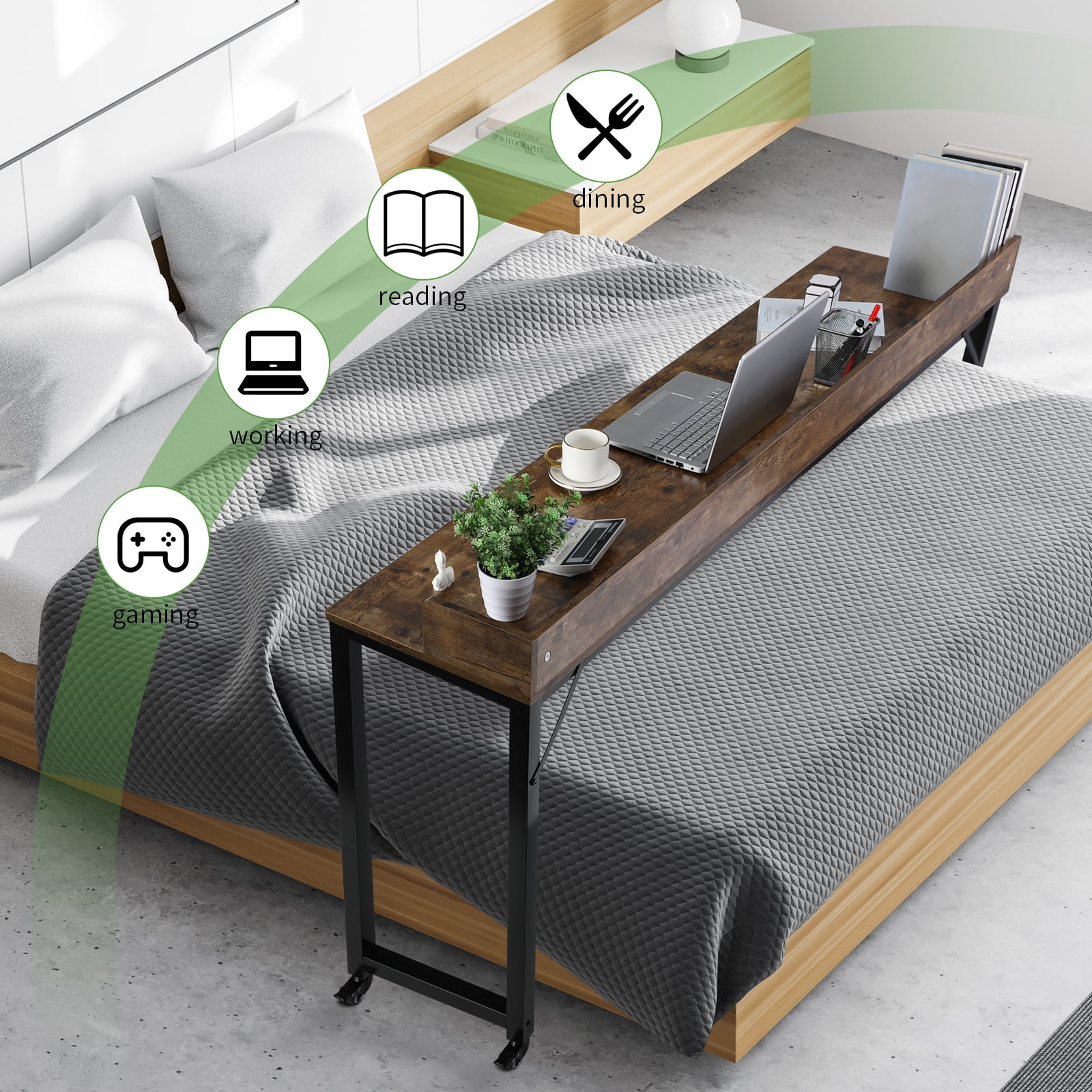 LAZY BUDDY 70.8'' Overbed Table for Queen/Full Size Bed, Mobile Dining ...