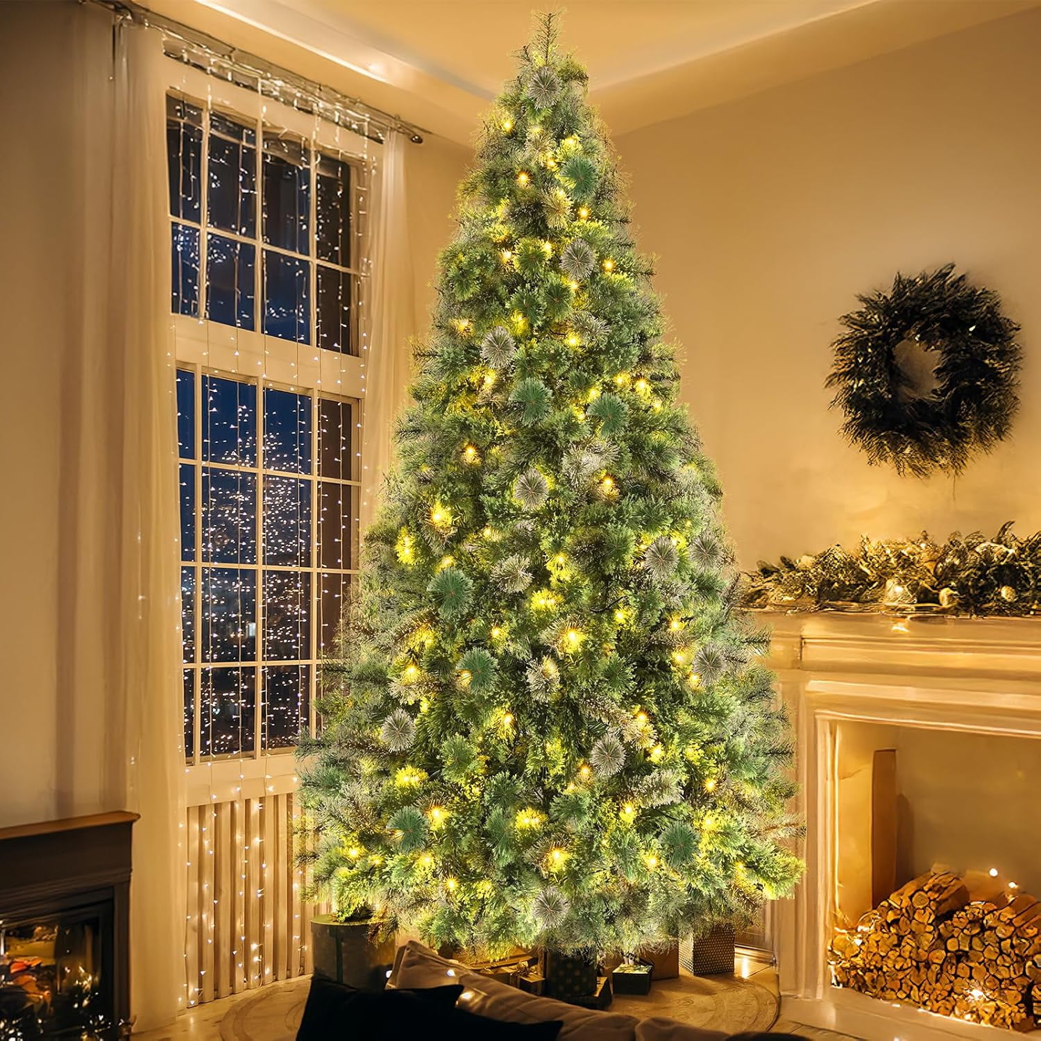 LAZY BUDDY 9FT PVC Pre-lit Artificial Christmas Tree, Snow Flocked Pine ...