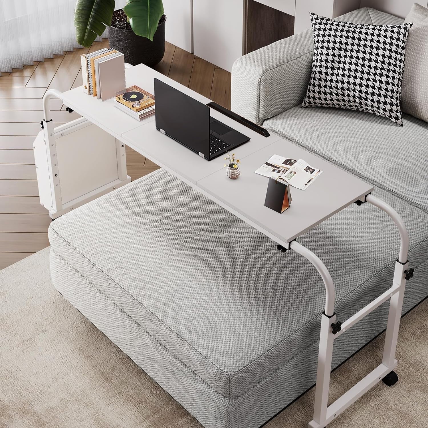 LAZY BUDDY Adjustable Overbed Table with Side Storage Basket, Standing ...